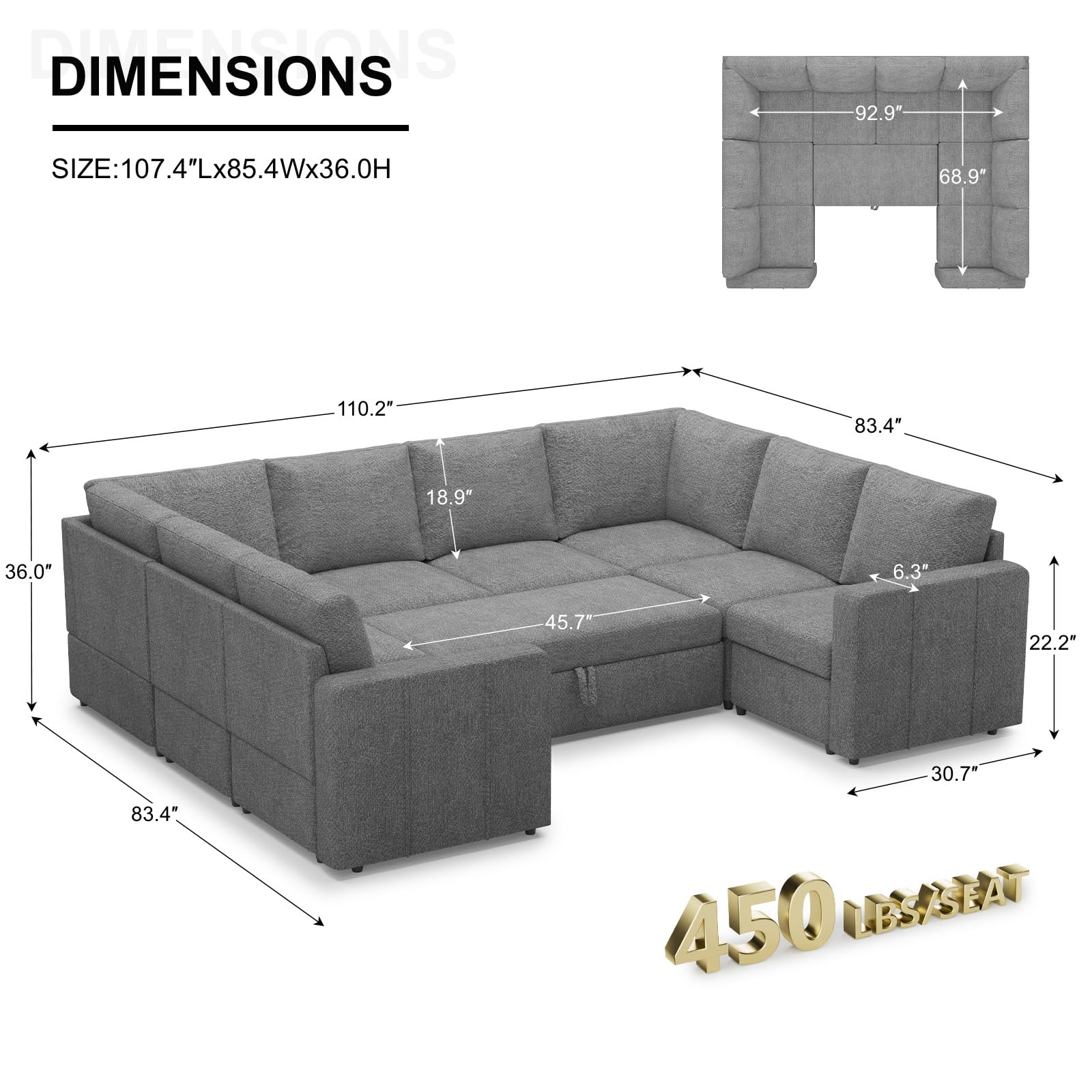 Belffin Modular Sectional Sleeper Sofa with Pull Out Bed and Storage Ottoman Convertible L Shape Sleeper Sectional Couch for Living Room Grey