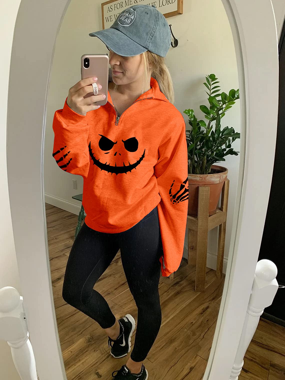 ASTANFY Halloween Sweatshirt for Women Pumpkin Tops Long Sleeve Shirts Half Zipper Lapel Casual Pullover Orange B, X-Large