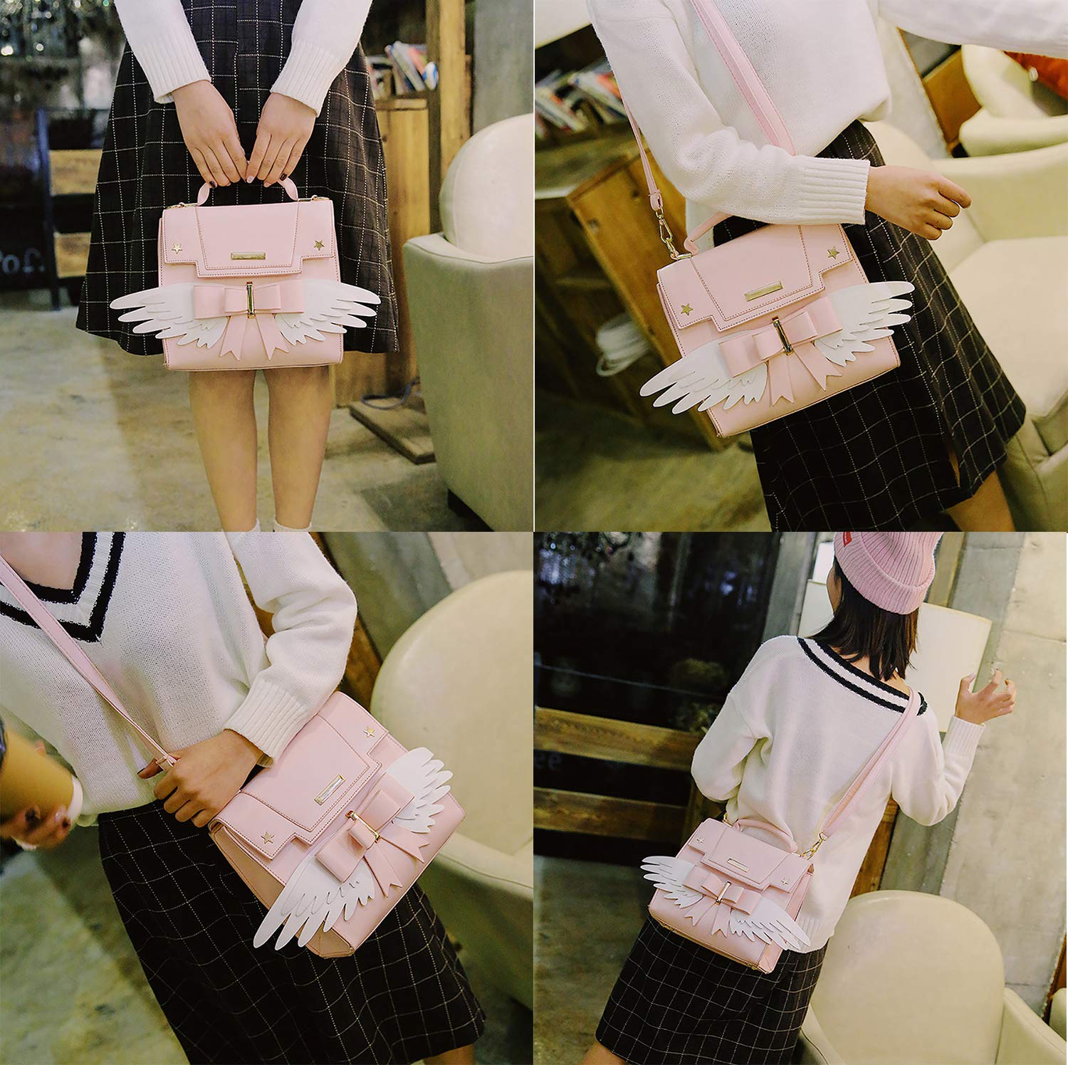 JHVYF Women's Cute Wings Bow Top Handle Cross Body Shoulder Bags Girls Kawaii Handbag Pink 354343