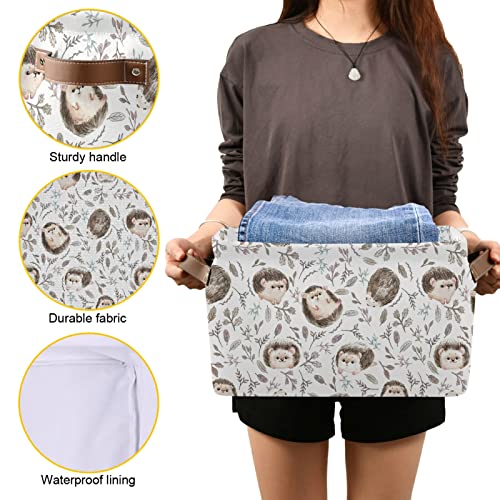 One BearCute Animal Baby Hedgehogs Forest Leaves Storage Basket Square Large Foldable Laundry Baskets Waterproof Inner Layer with Sturdy Handles for Kids Toy Nursery Blanket Clothes 1pack