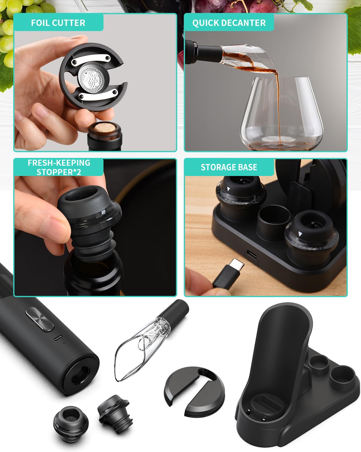 CIRCLE JOY Rechargeable Wine Opener Electric Wine Bottle Opener 7-in-1 Wine Gift Set with Electric Vacuum Pump, Charging Station, Foil Cutter, Wine Aerator Pourer and 2 Wine Stoppers