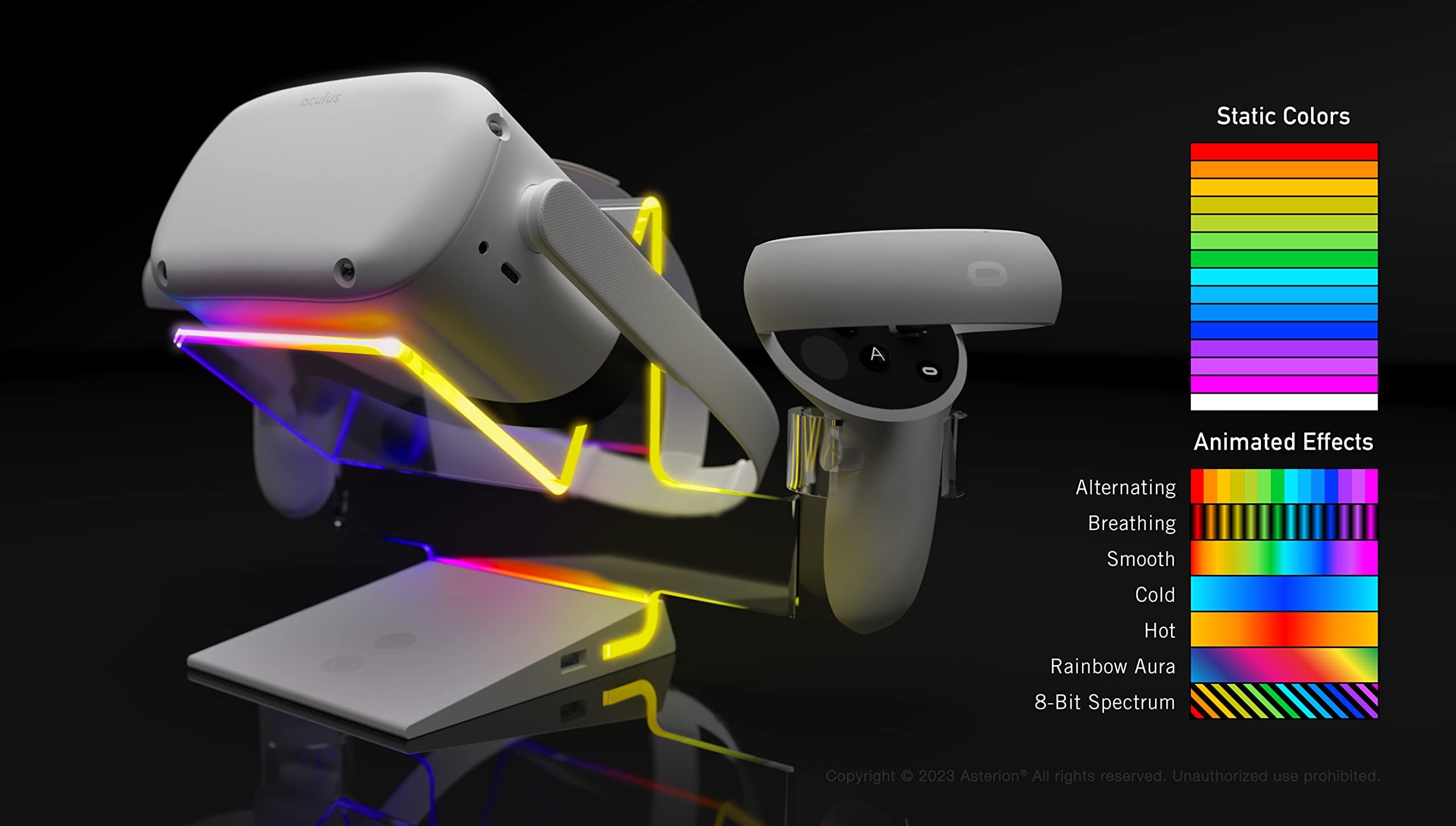 Asterion VR Charging Stand for Oculus / Meta Quest 3, 2, Pro, Vision Pro, HTC, Cosmos, PSVR2, Index, RGB Lighting Universally fits all VR Headsets | Aura v2.0