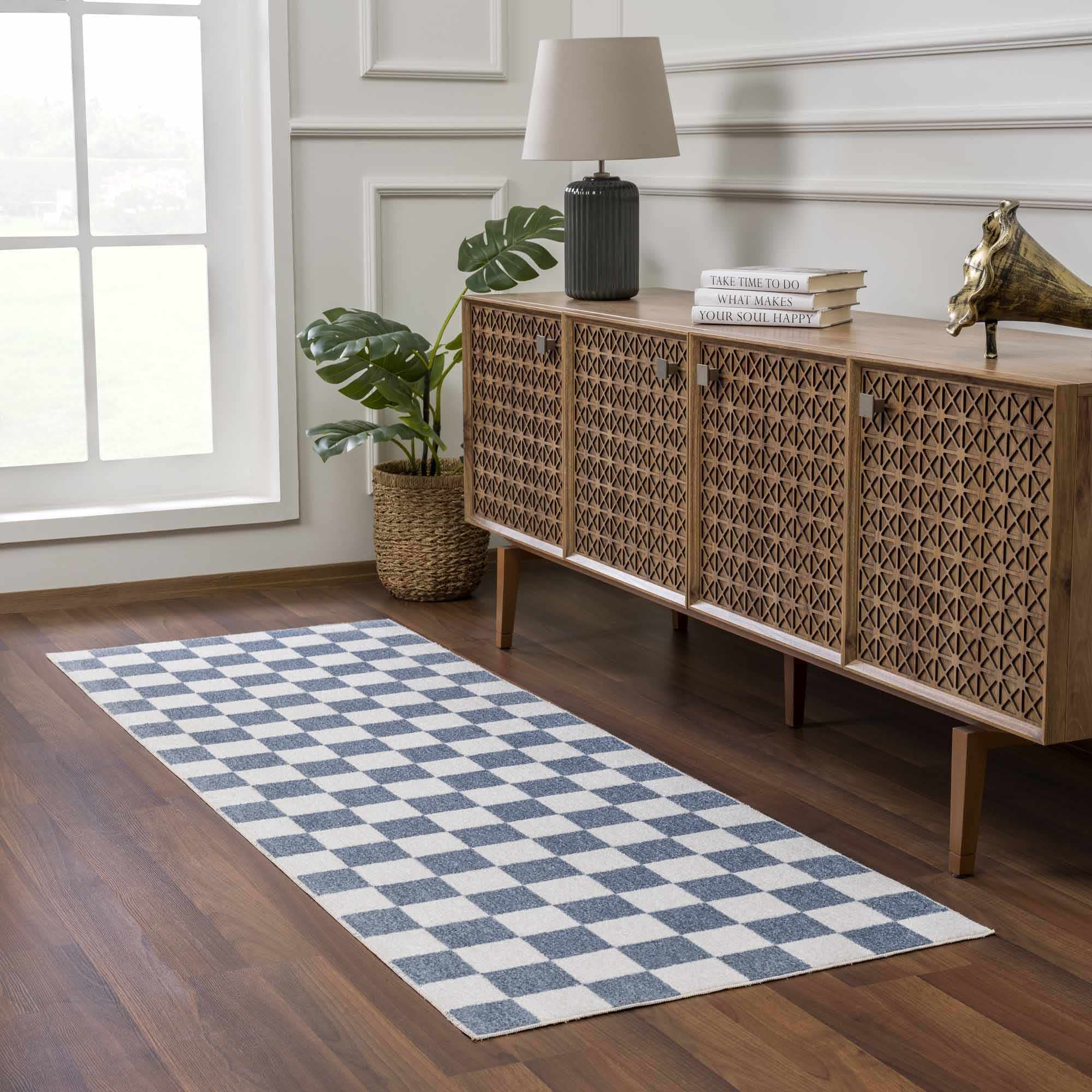 Hauteloom Brone Contemporary Checkered Area Rug - Modern Geometric Bordered Carpet for Living Room, Bedroom, Dining Room - Checkboard Design - Square Tiles - Blue, Ivory - 5'3" x 7'