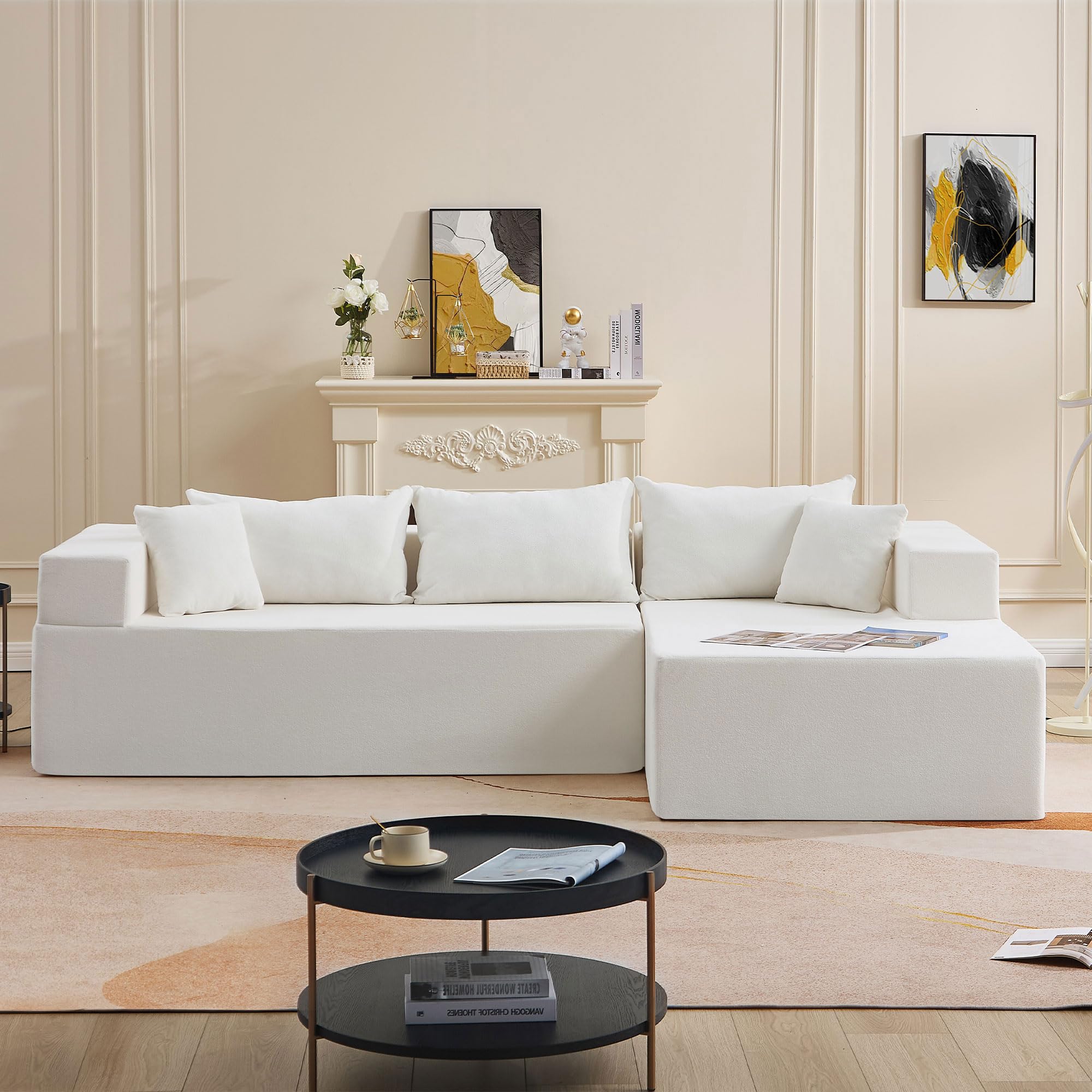 Cirui L-Shaped Sectional Sofa Furniture Set for Living Room Large Modern Comfy Deep Sherpa Luxury Cloud 2 PC 3 Seat Couch Free Combination Minimalist Modular Sleeper Sofa for Bedroom,White