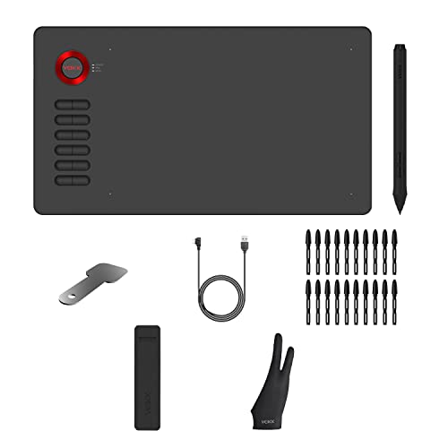 Drawing Tablet, VEIKK A15 10x6 inch Drawing Pad with 12 Shortcut Keys, 8192 Levels of Pressure and Battery-Free Pen, 20 Additional Nibs, Graphic Tablet for Win/Mac/Linux/Android OS (Red)