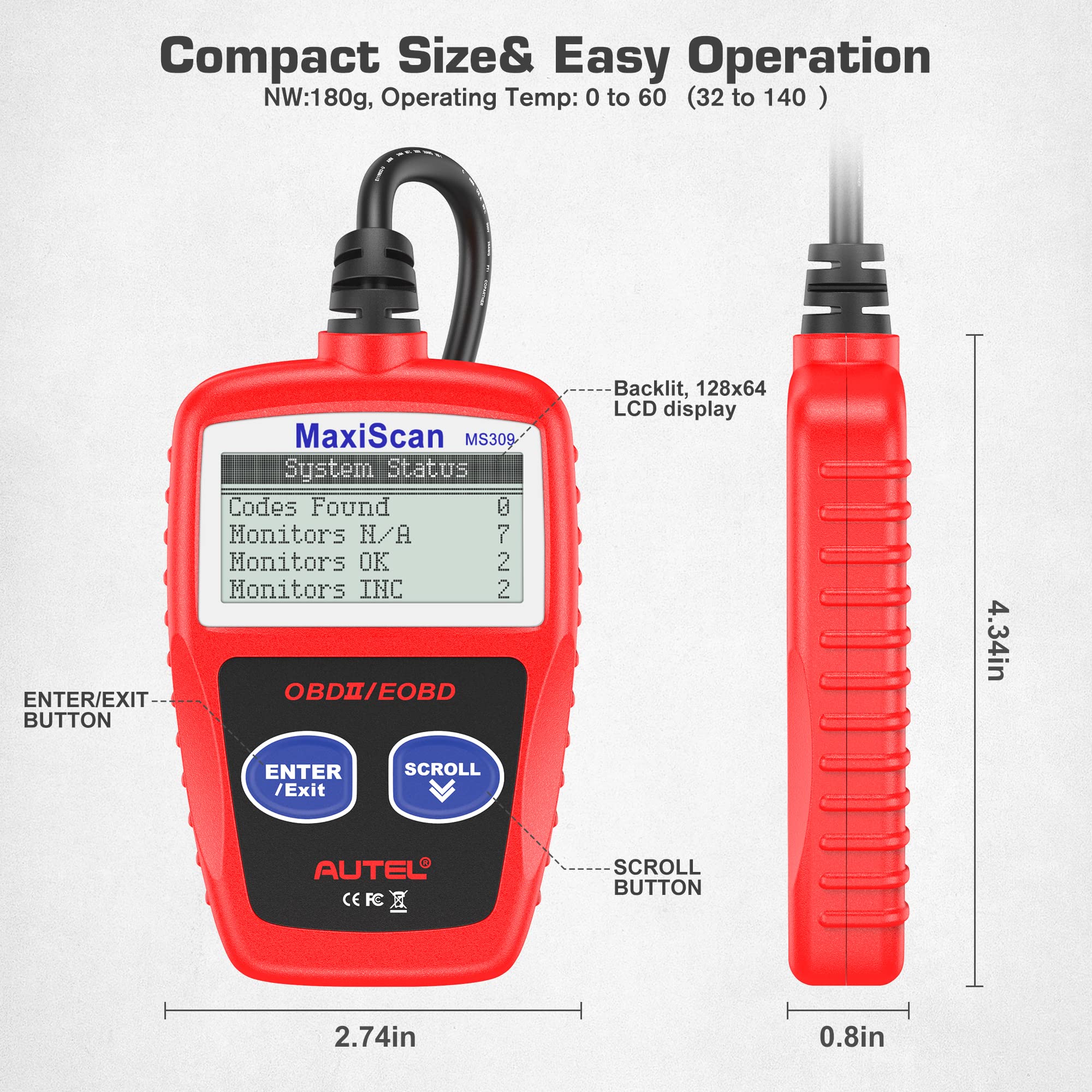 Autel OBD2 Scanner 2023 Newest MS309 Automotive Check Engine Code Reader, Check Emission Monitor Status, CAN Diagnostic Scan Tool for All OBDII Protocol Vehicles After 1996