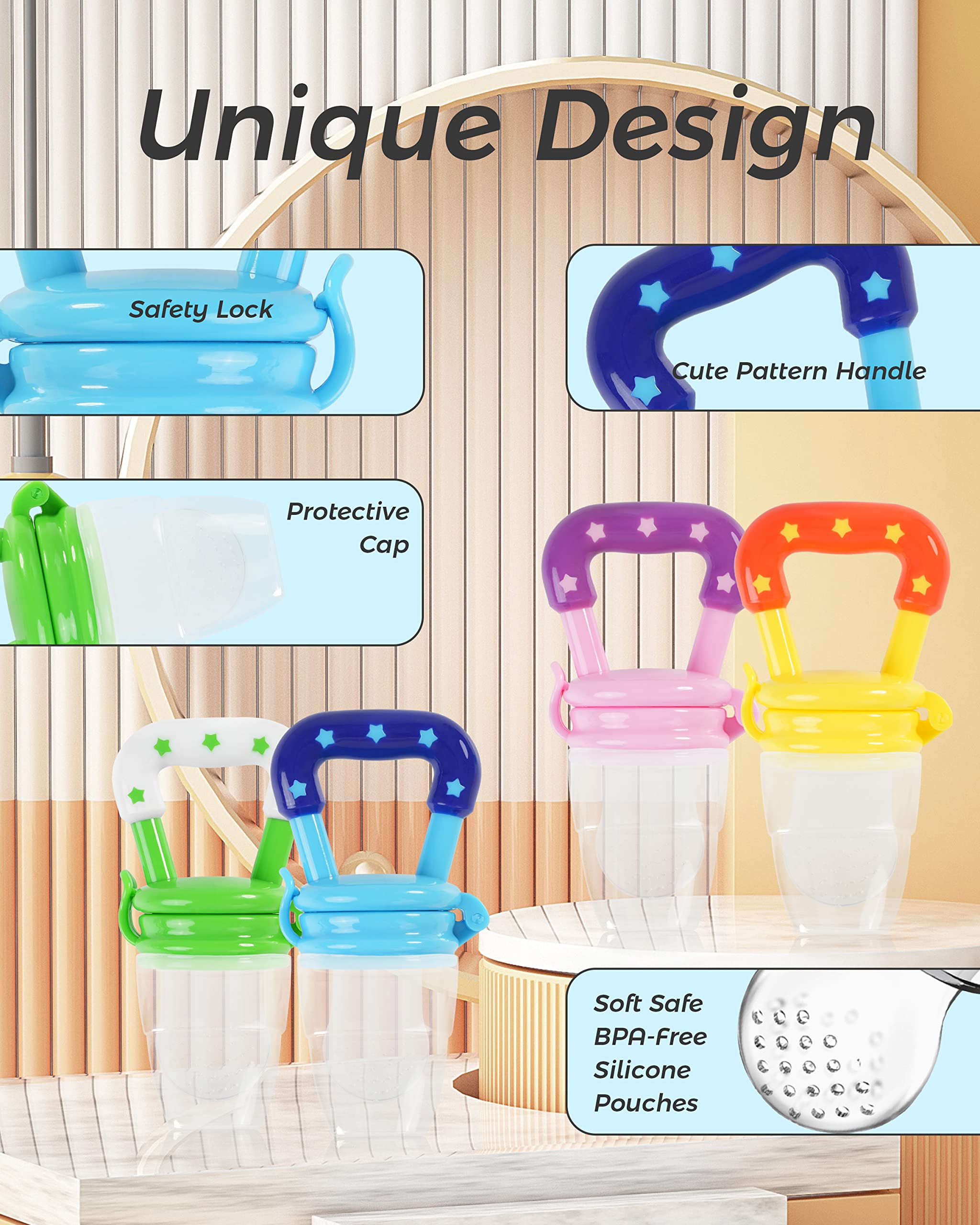 Baby Fruit Feeder, Baby Food Feeder,Teething Pacifier (4 Pack), Baby Fruit Pacifier Feeder, Soft Safe BPA-Free Silicone Pouches, Training Massaging Toy Teether