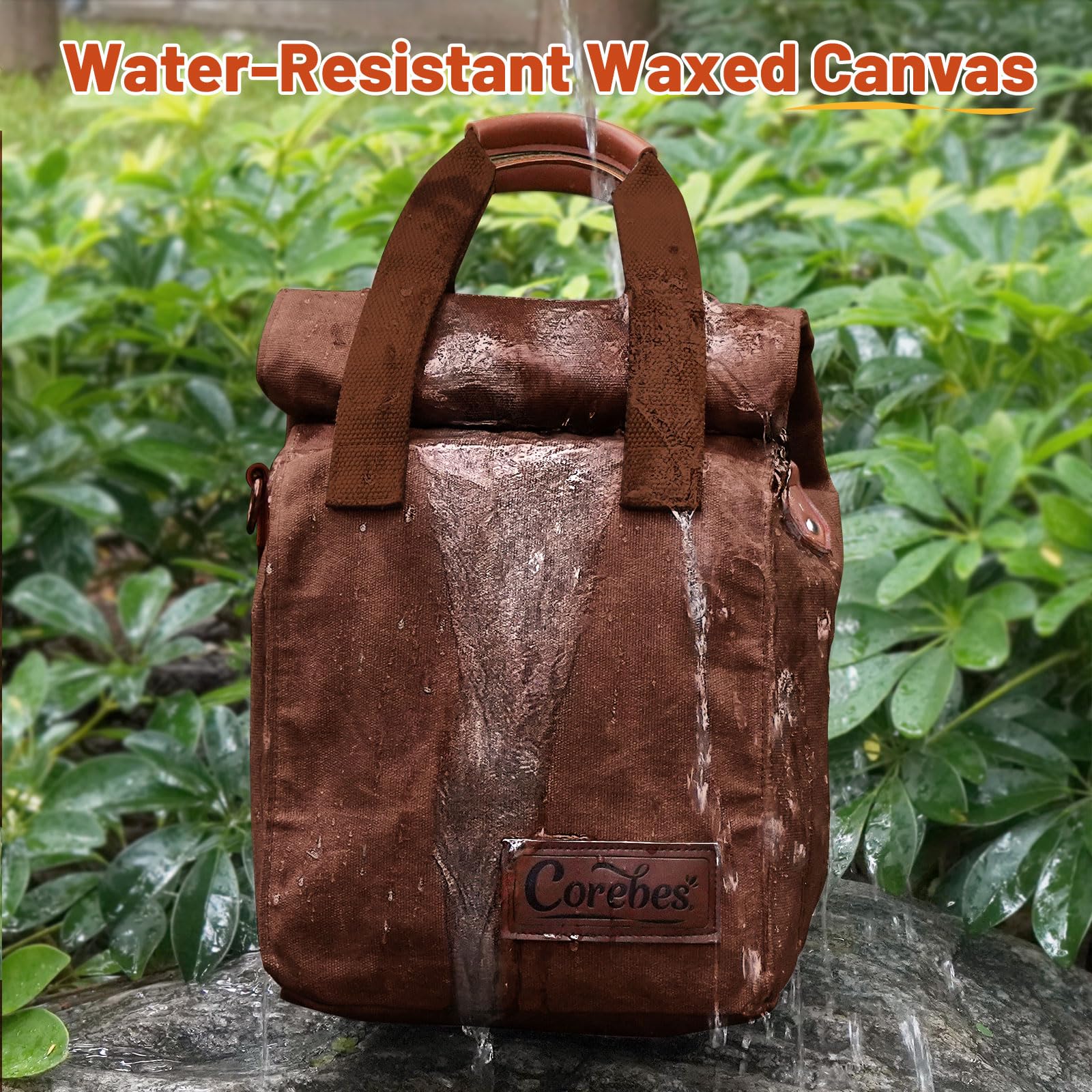 Corebes Insulated Lunch Bag for Men/Women, 11L Waxed Canvas Lunch Box with Adjustable Shoulder Strap & Double Hook-and-Loop Handles for Work Picnic Hiking Brown
