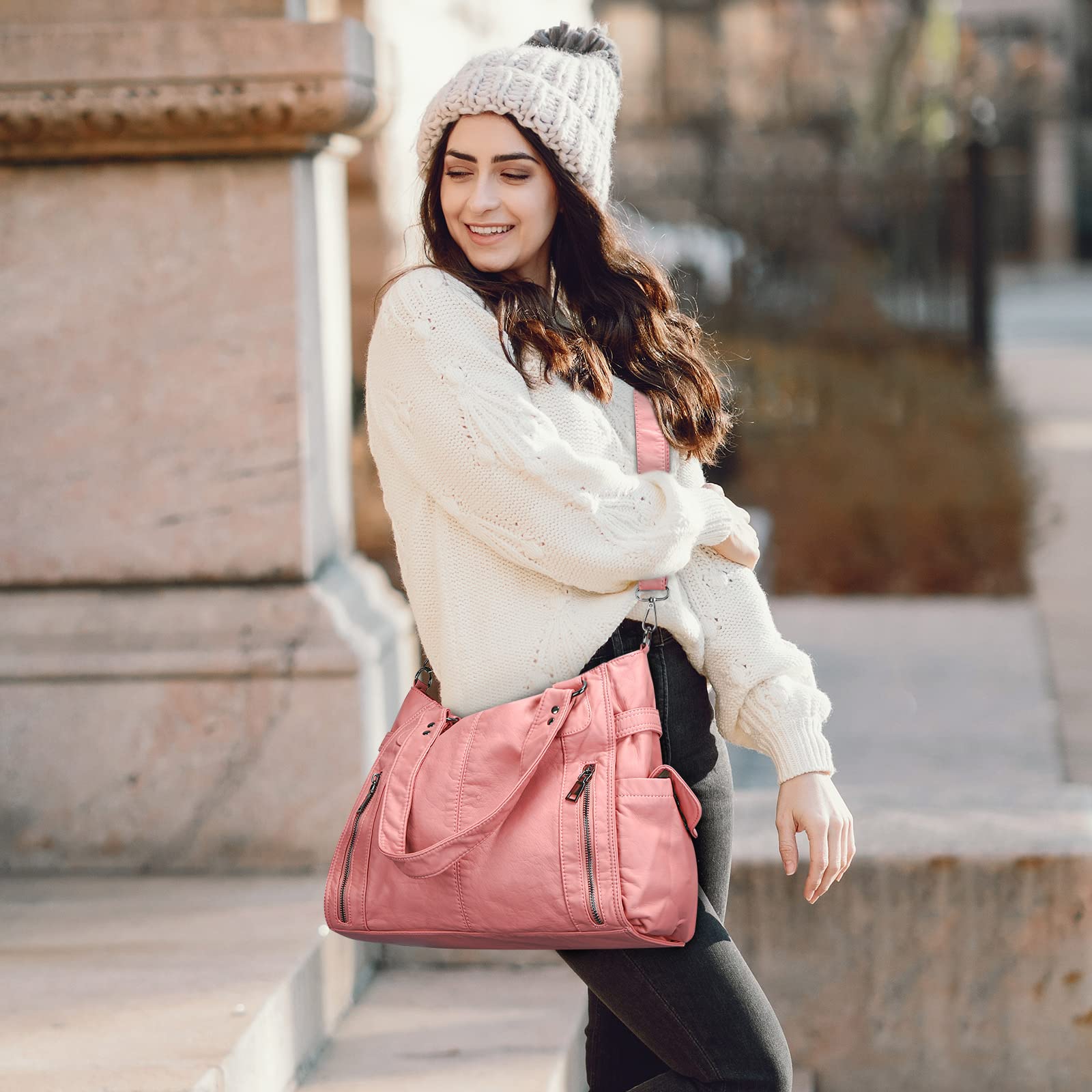 BAIGIO Handbags Hobo Shoulder Bags Soft PU Leather for Women Large (Pink)