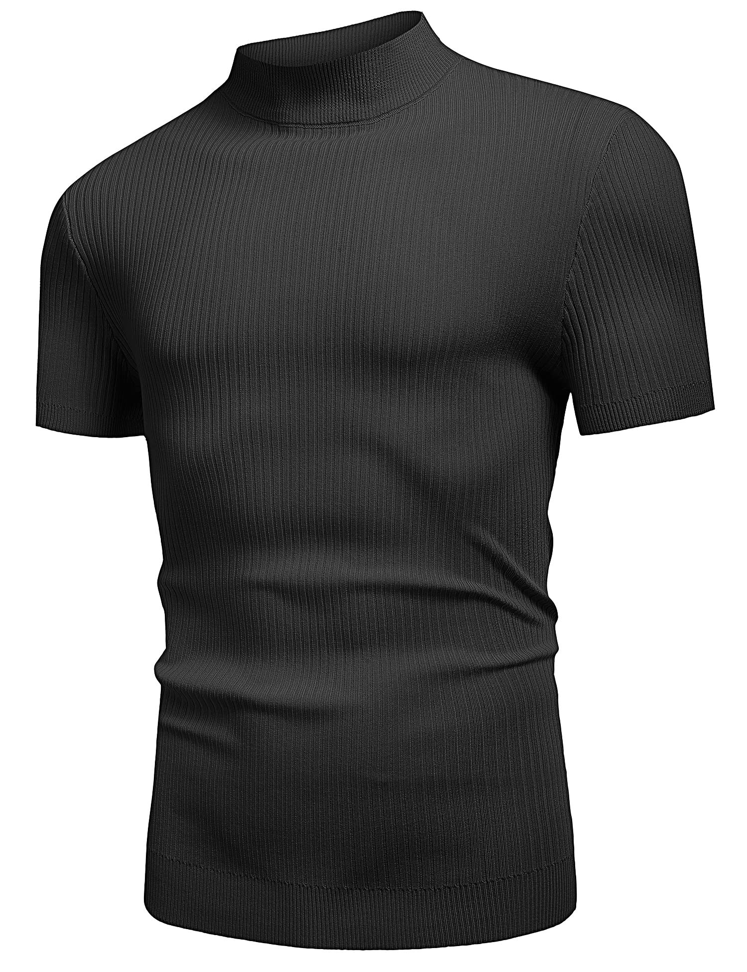 AstoSeu Men's Turtleneck T-Shirts Slim Fit Short Sleeve Basic Tops Lightweight Mockneck Sweater Black S