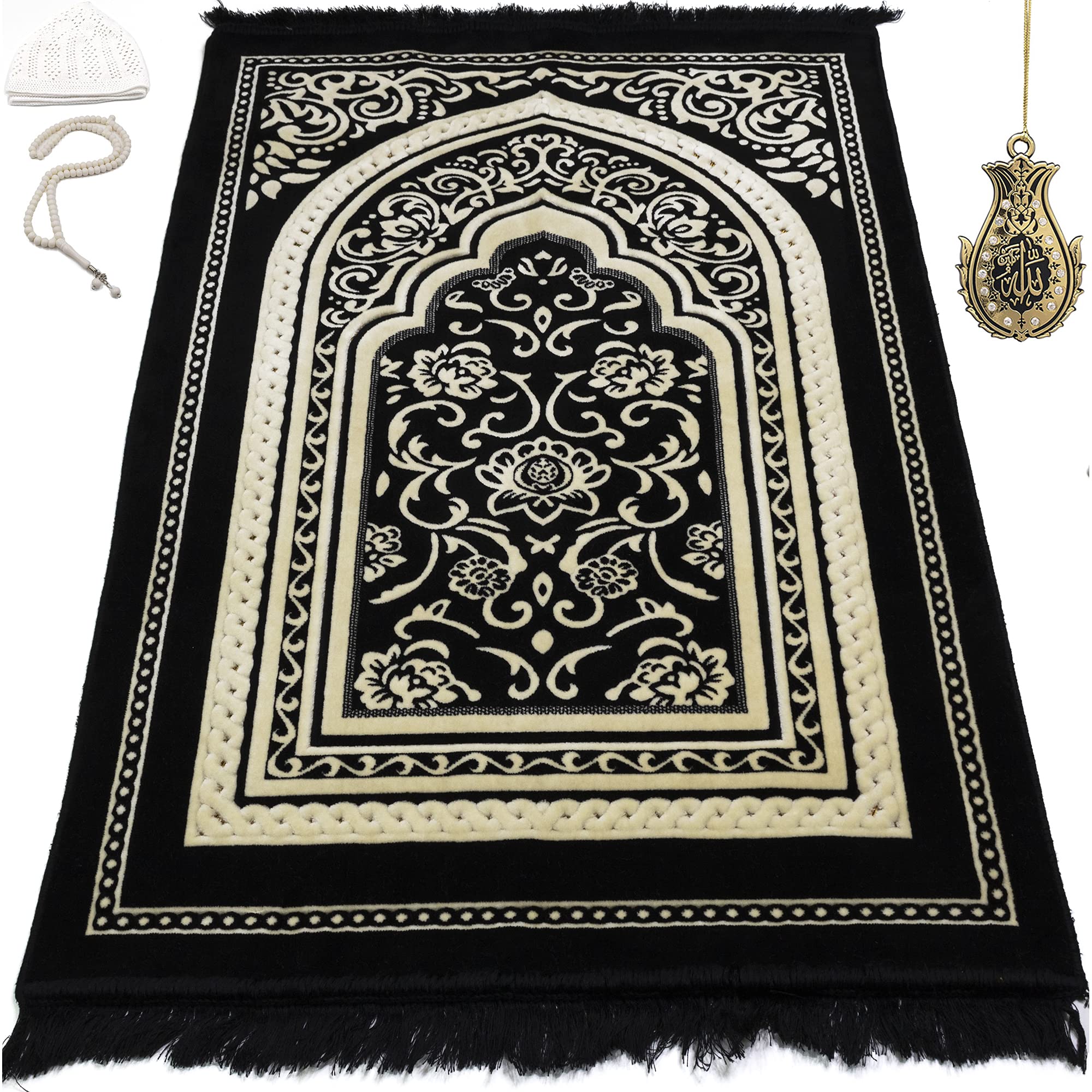 Modefa Turkish Islamic Velvet Prayer Rug - Thick Wide Soft Prayer Carpet - Men & Women - Large Prayer Mat - Eid & Ramadan Gift - with Kufi Cap Beads & Car Hanger - Double Plush Floral Black