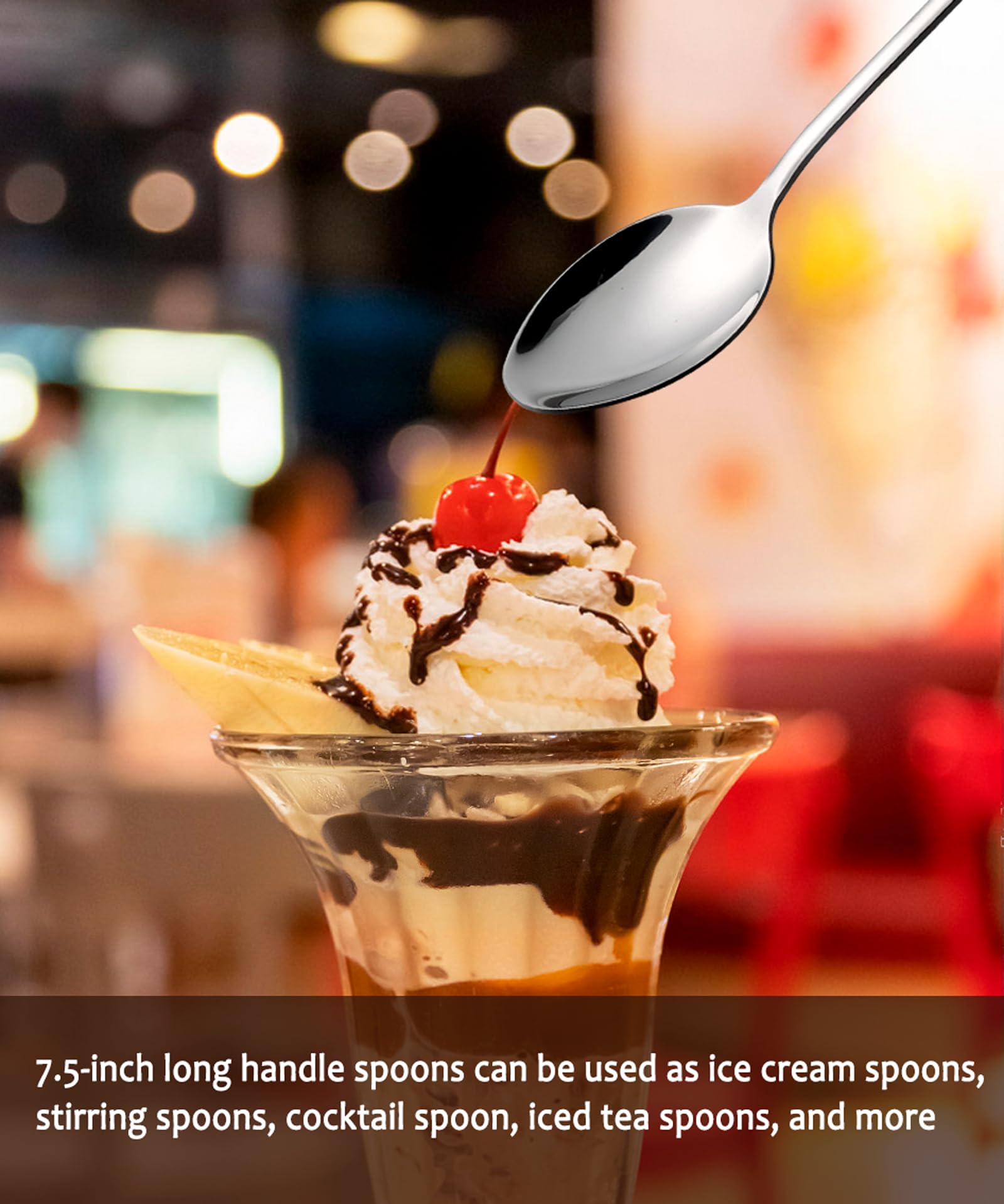 Lovingly Yours 7.5-Inch Long Handle Ice Tea Spoons, Ice Cream Spoons, Coffee Spoons, Long Spoons for Stirring, Stainless Steel Spoons for Dessert, Sundae, Shakes