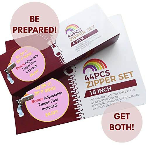 Madam Sew 44pcs 8 Inch Zippers for Sewing Garments β Bulk Zippers with Plastic Coil Teeth, Heavy Duty Metal Zipper Pulls and Nylon Tapes β Colorful Closed End, Non-Separating Zippers in 22 Colors
