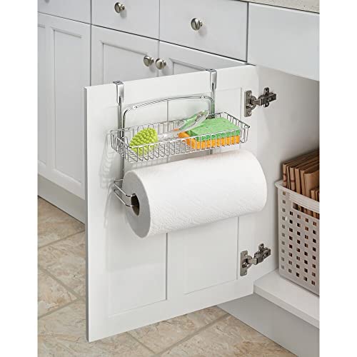 mDesign Over Cabinet Paper Towel Holder with Multi-Purpose Basket Shelf - Hanging Storage Organizer for Kitchen, Pantry, Laundry, Garage - Holds Dish Soap, Cleaners, Sponges - Metal Wire - Chrome