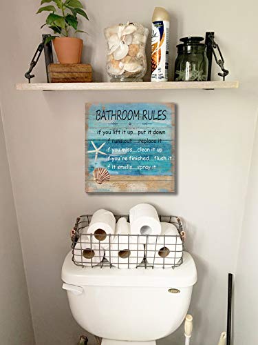 Seashells Bathroom Rules Wall Sign for Bathroom Decor, Funny Bathroom Wall Decor Wall Art For Beach House, Cute Beach Sign Plaque- 12 x 12 Inchs