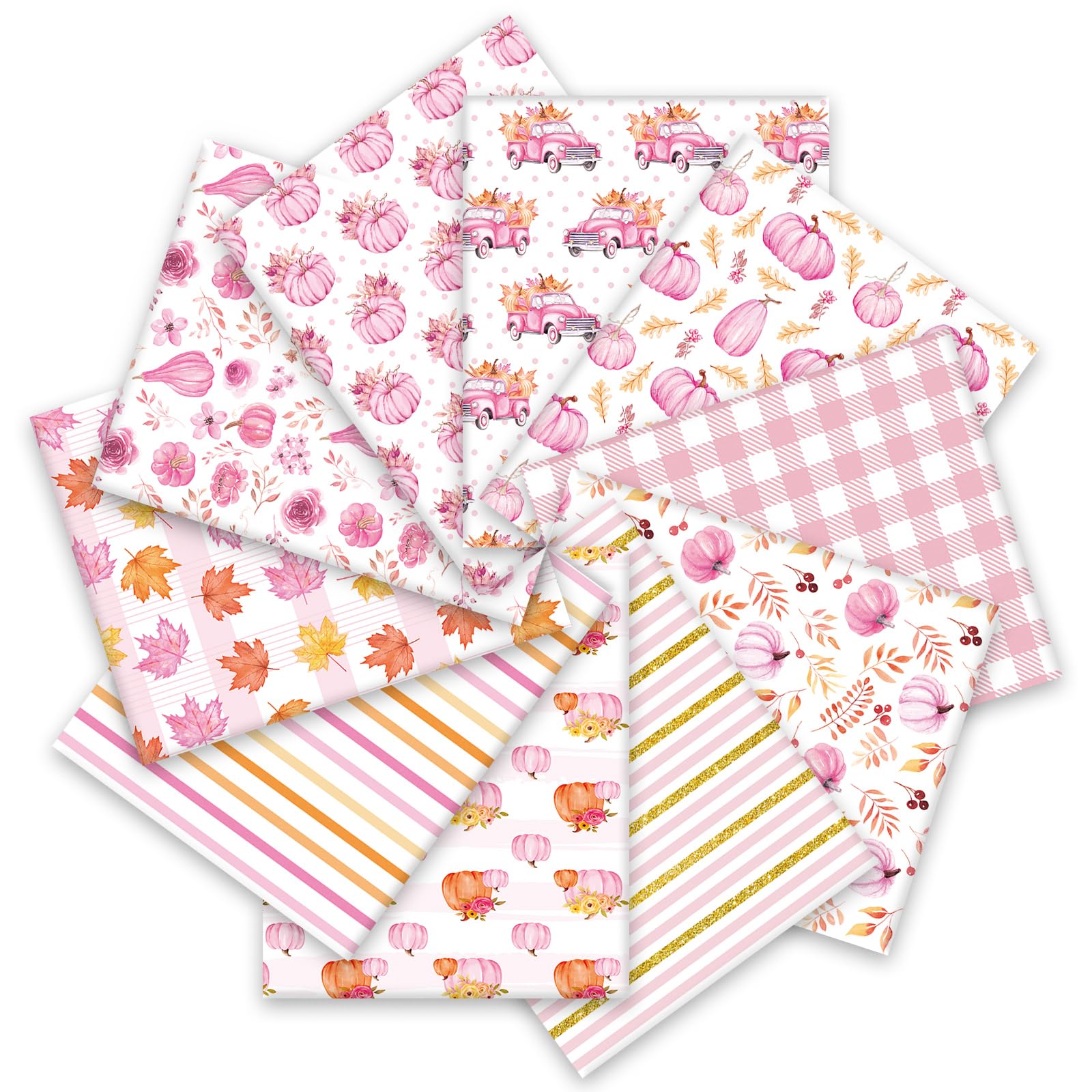 JarThenaAMCS 10Pcs Fall Cotton Fabric Bundles Pink Pumpkin Maple Leaf Truck Fat Quarters Autumn Thanksgiving Quilting Patchwork for DIY Craft Home Party Decor, 18 x 22 Inch