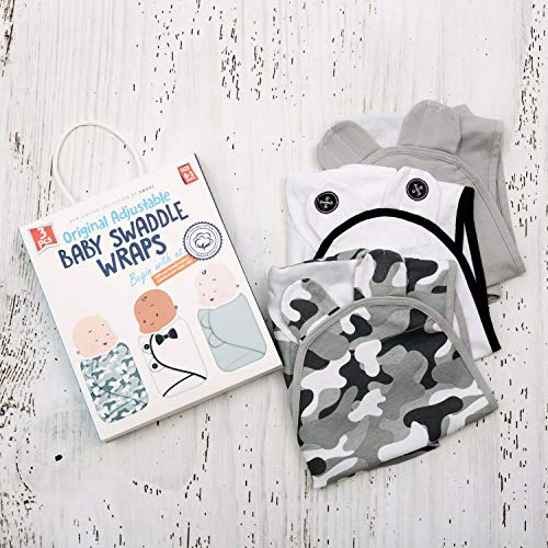 Baby Swaddle Blanket for Newborn Boy 0-3 Months Small/Medium Size 3 pcs Baby Adjustable Blanket Sleeper Wrap Infant Sleep Sack 100% Cotton - Army/Bowtie/Grey