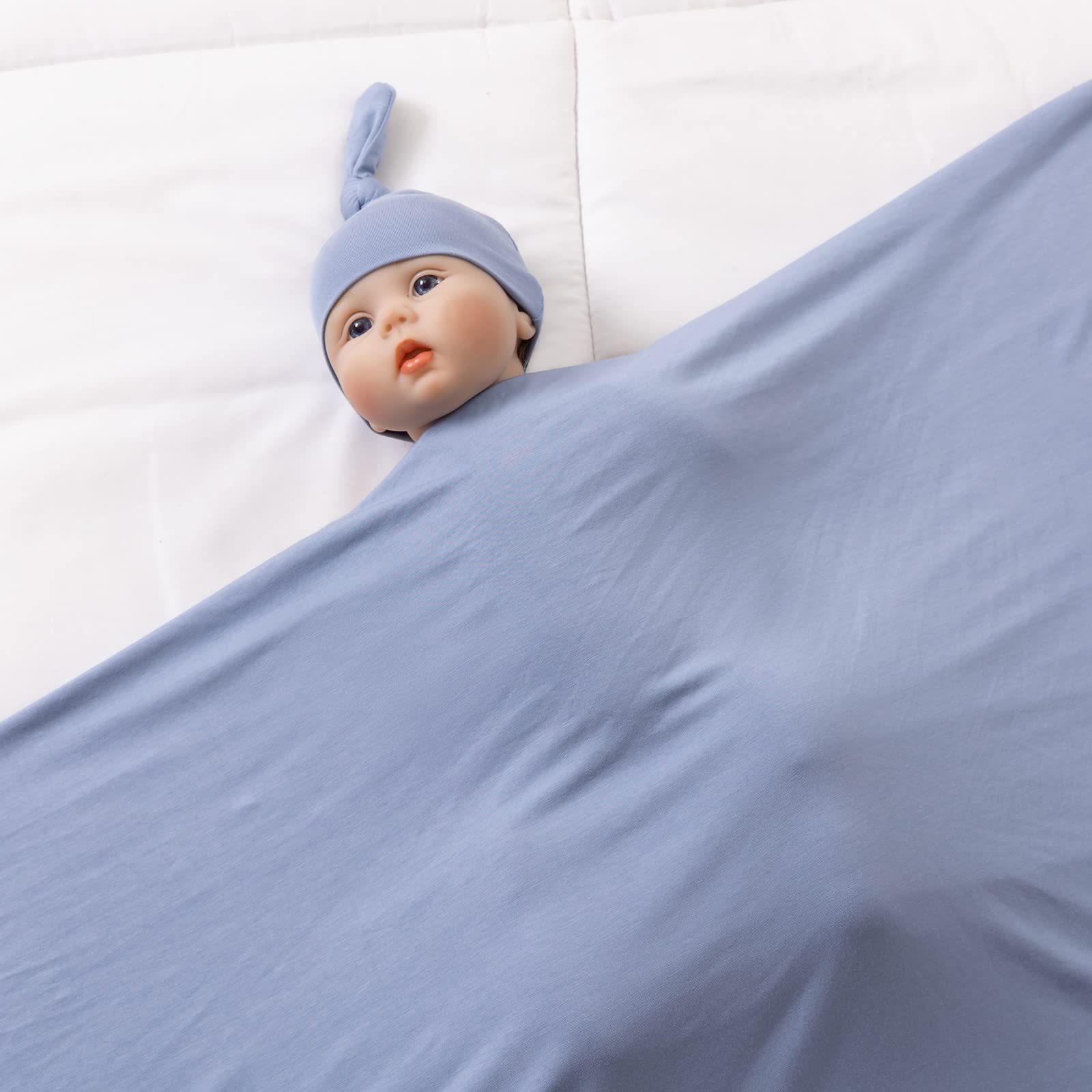 Bayceen Large Jersey Knitted Swaddle Blanket for Baby, Soft Stretchy Receiving Blanket for Newborns with Hat, Large 47 x 47 inches (Steel Blue)