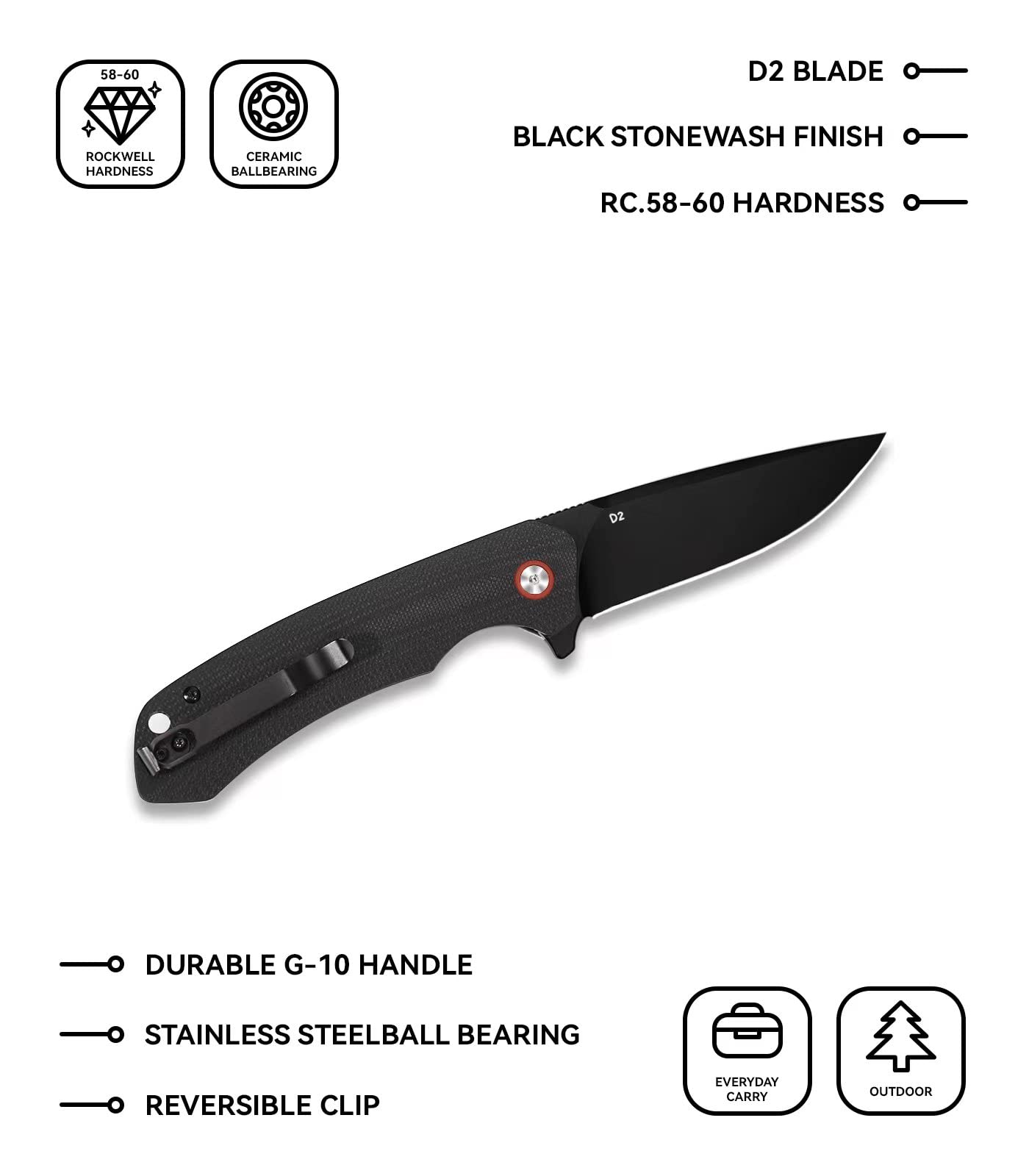 HUNTER.DUAL Pocket Knife, Folding EDC Knife with Clip for Men, Small Camping Knife for Outdoor, 3.34'' D2 Steel Blade, G10 Handle