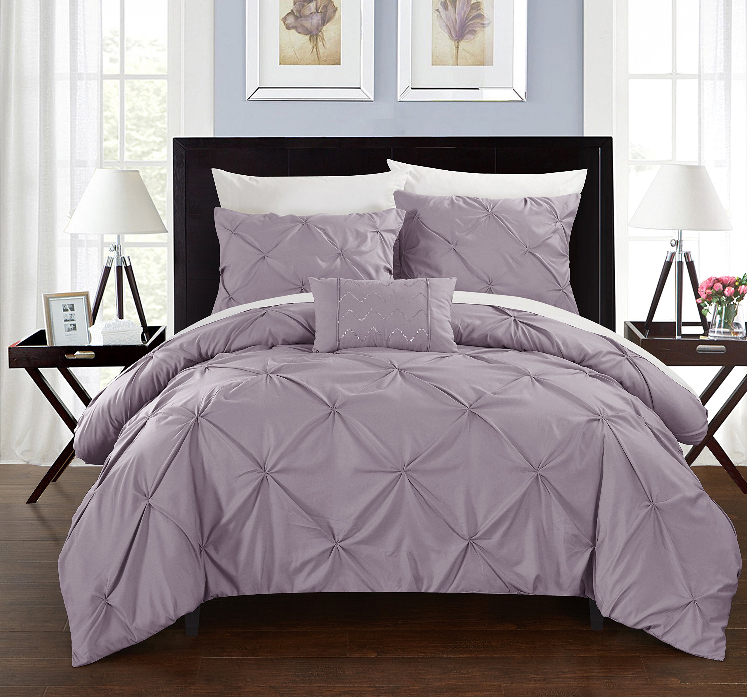 Chic Home Daya 4 Piece Duvet Cover Set Ruffled Pinch Pleat Design Embellished Zipper Closure Bedding, King, Lavender,