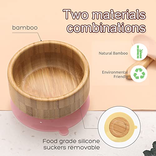 Baby Bamboo Bowls with Suction and Matching Spoon Set - 2PC Feeding Supplies Set for Infant, Toddlers - Detachable Silicone Suction Stay Put Base for Wooden Bowl - BPA Free (Marble)