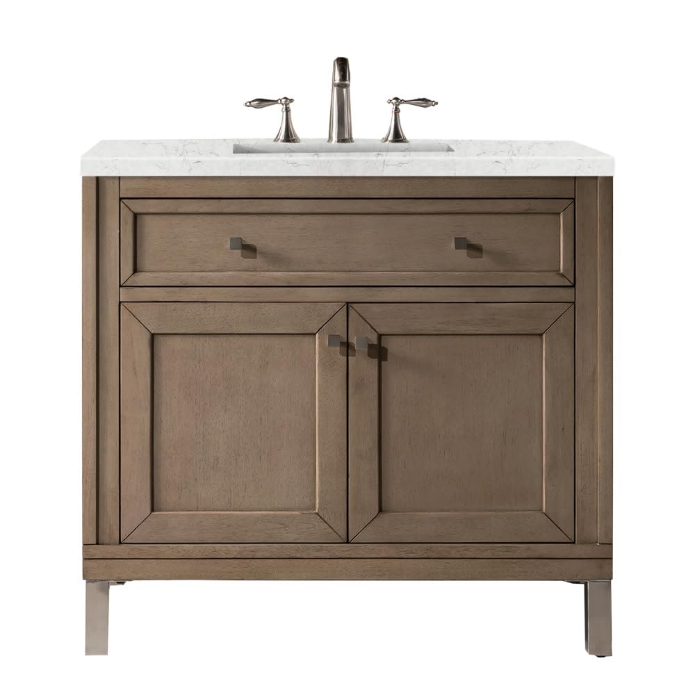 Chicago 36" Single Vanity, White Washed Walnut, with 3 CM Eternal Jasmine Pearl Quartz Top w/Sink