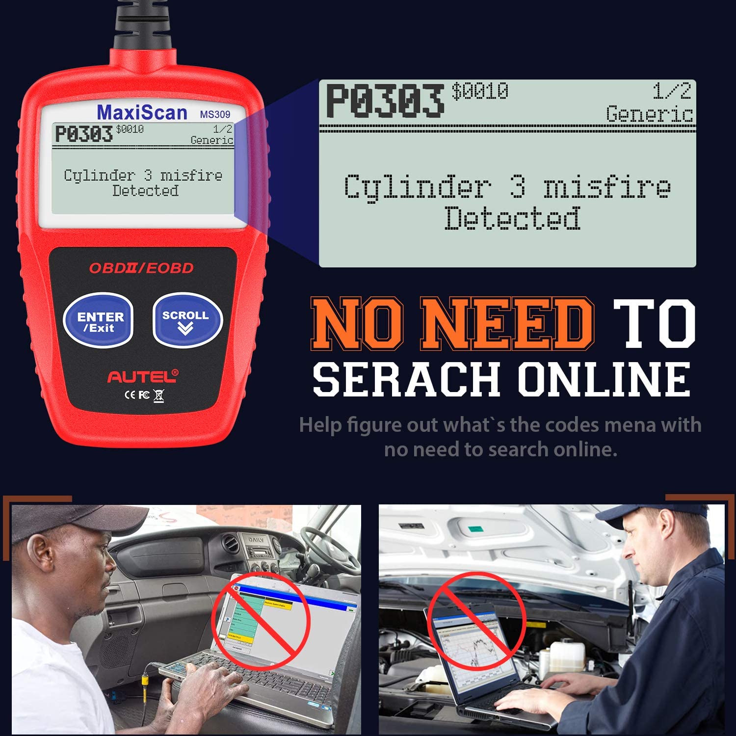 Autel OBD2 Scanner MaxiScan MS309 Car Check Engine Code Reader, Check Emission Monitor Status, 2024 Newest CAN Diagnostic Scan Tool for All OBD II Protocol Vehicles After 1996