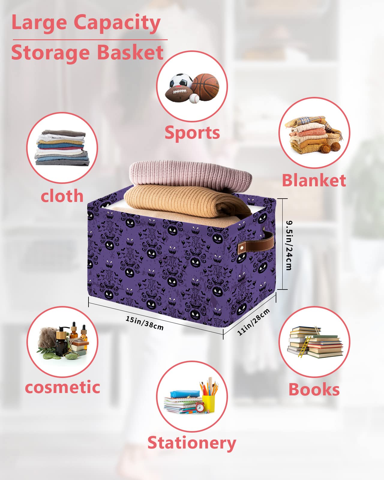 Halloween Pumpkin Waterproof Fabric Storage Basket for Organizing Bedroom Bathroom Laundry Room Collapsible Storage Bins Haunted Mansion Decorative Shelf Basket for Gifts Empty