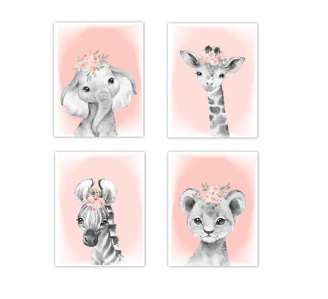 Baby Girl Nursery Wall Art Coral Floral Crown Safari Animals Elephant Giraffe Lion Zebra Room Decor 4 UNFRAMED PRINTS