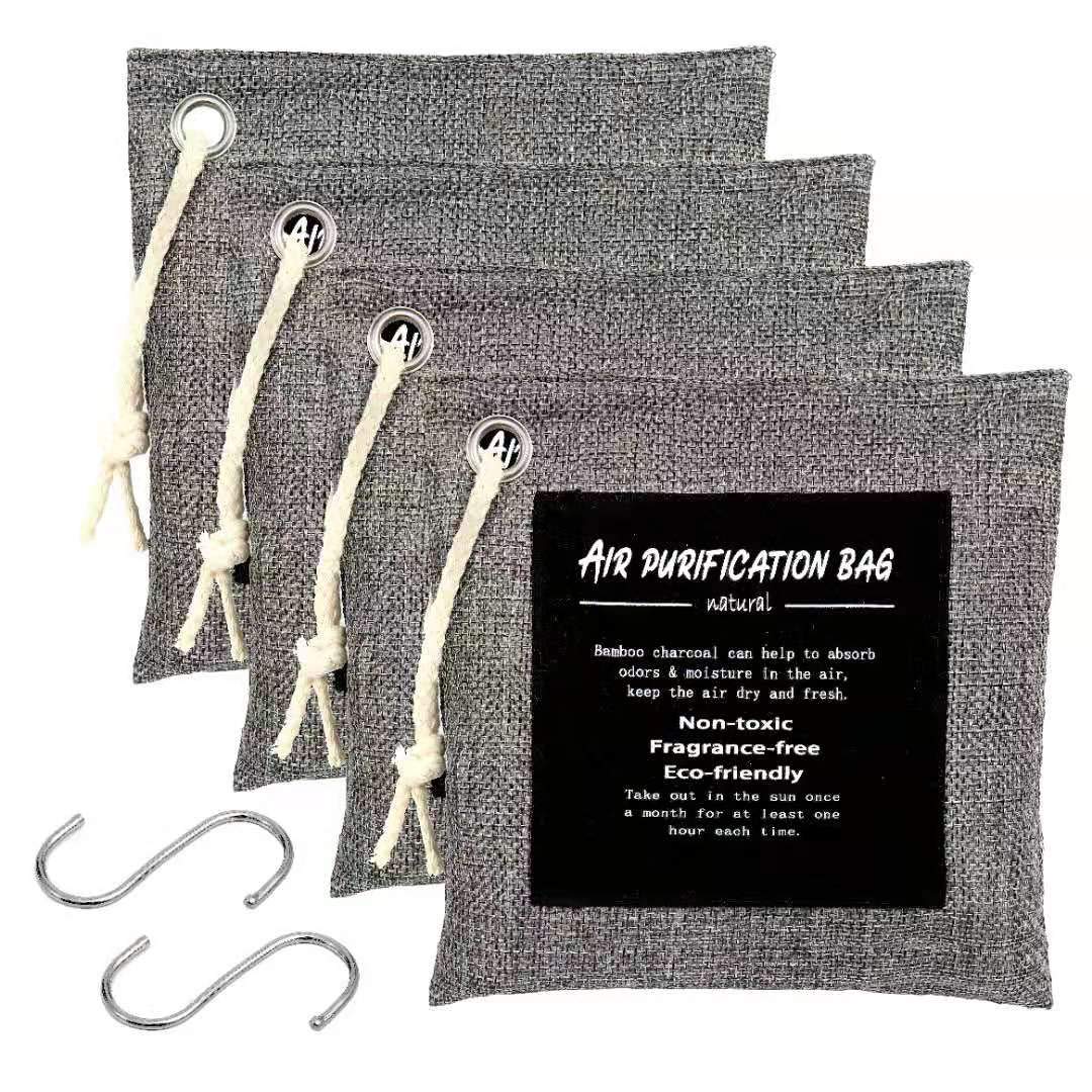 Bamboo Charcoal Air Purifying Bag (4Pack) Long Lasting Activated Charcoal Deodorant Charcoal Bag Household Car Closet Pets Office Basement Fresh Air Air Purifier Bag 4x200g