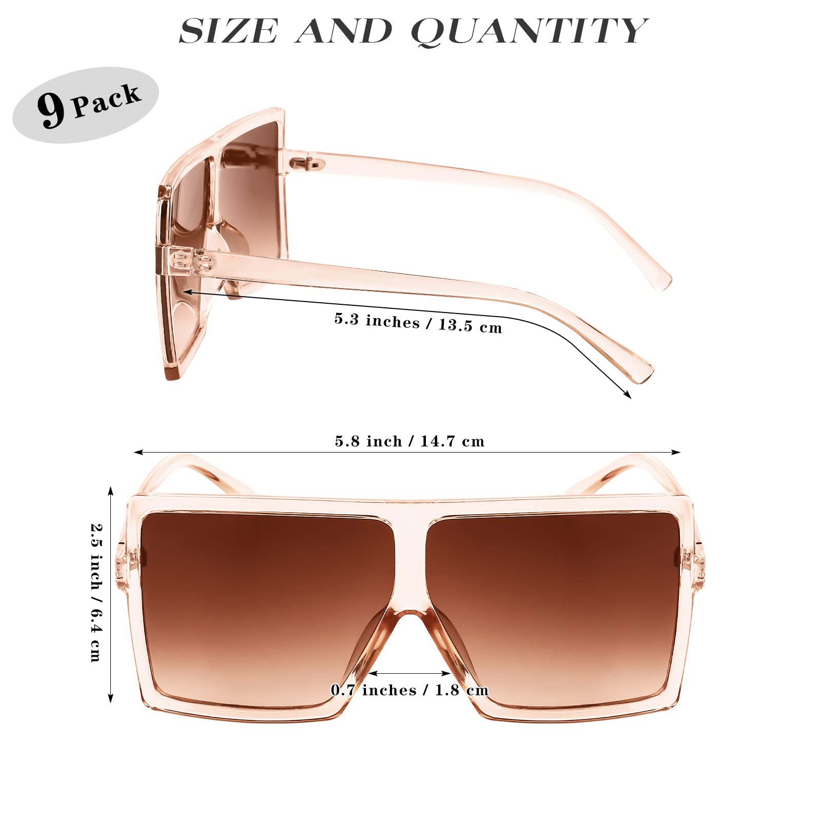 Aodaer 9 Pack Oversized Square Sunglasses Flat Top Shades Sunglasses for Women Men Retro Big Fashion Oversize Sunglasses, Multicolor