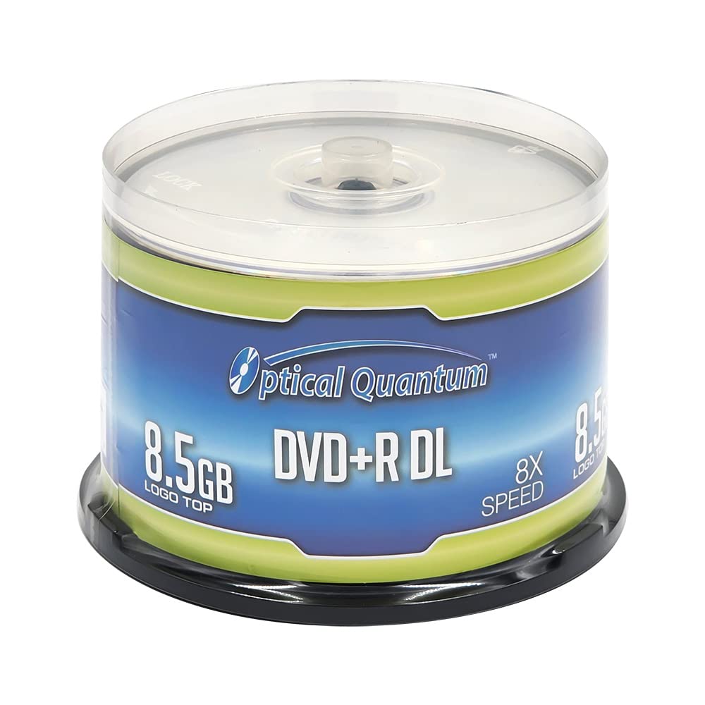 Optical Quantum 8X 8.5GB Double Layer DVD+R DL Recordable Blank Media Logo Top, 50-Disc Cakebox, Dual Layer DVD Discs, DVD DL Blank Discs 8.5GB
