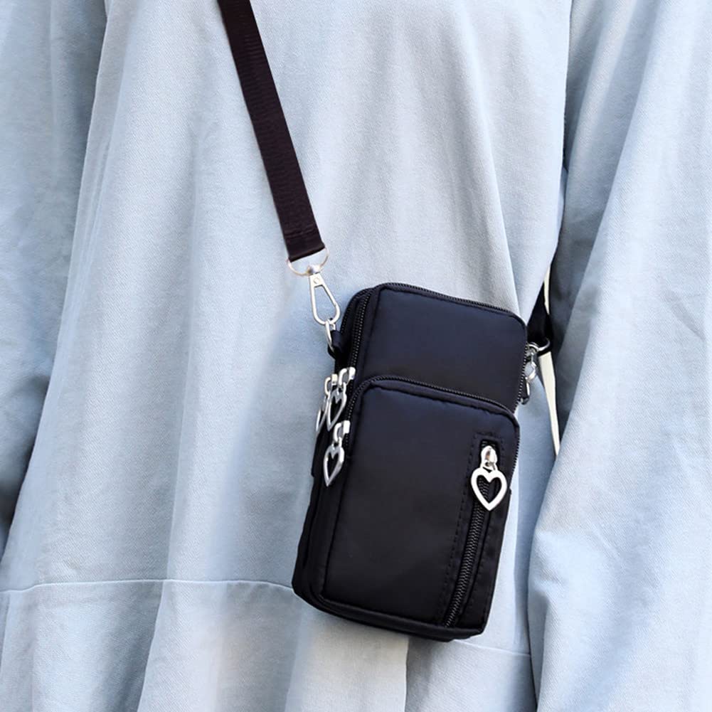 JUMISEE 3-Layers Crossbody Bag Cellphone Pouch Armband Wallet Nylon Smartphone Purse (Black)