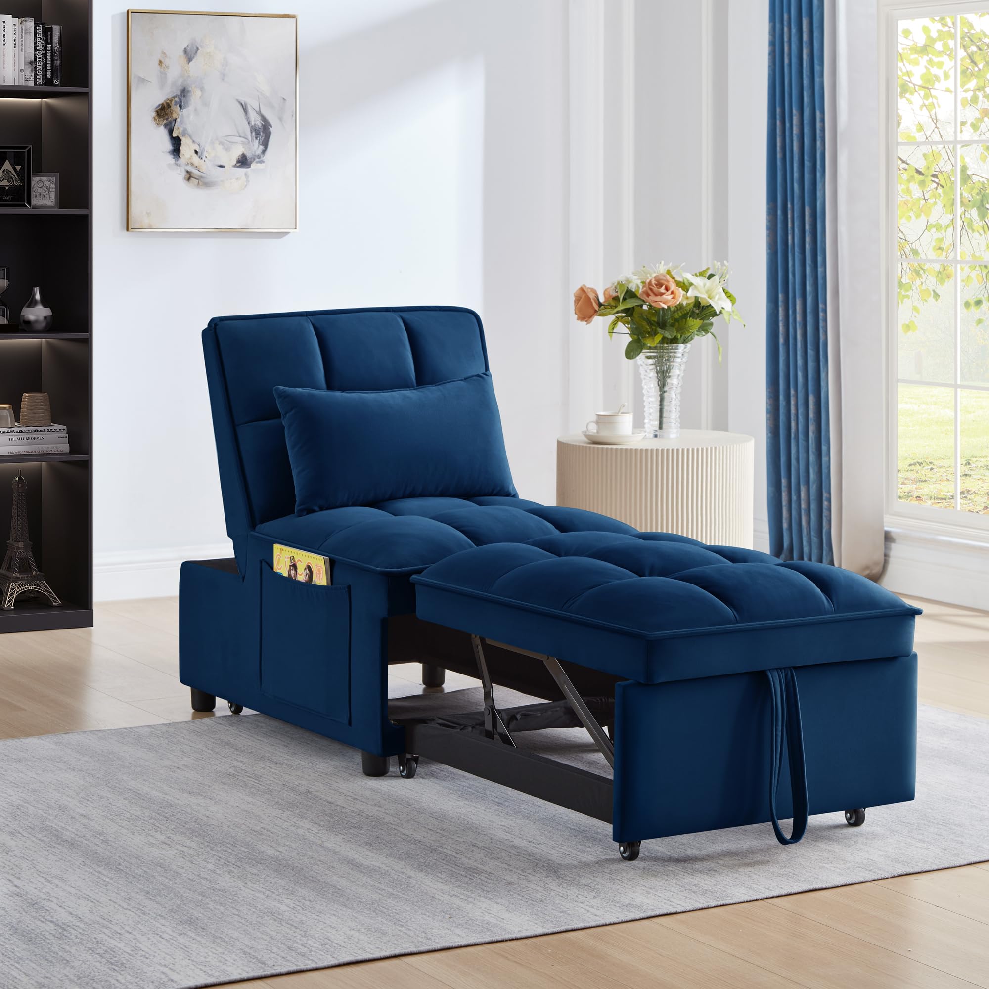 Bellemave 4 in 1 Convertible Sleeper Sofa Chair, Single Pull Out Couch with 6-Level Adjustable Backrest&Pillows,Modern Velvet Sofa Bed with Storage Pockets for Bedroom Living Room Small SpaceïŒNavyïŒ