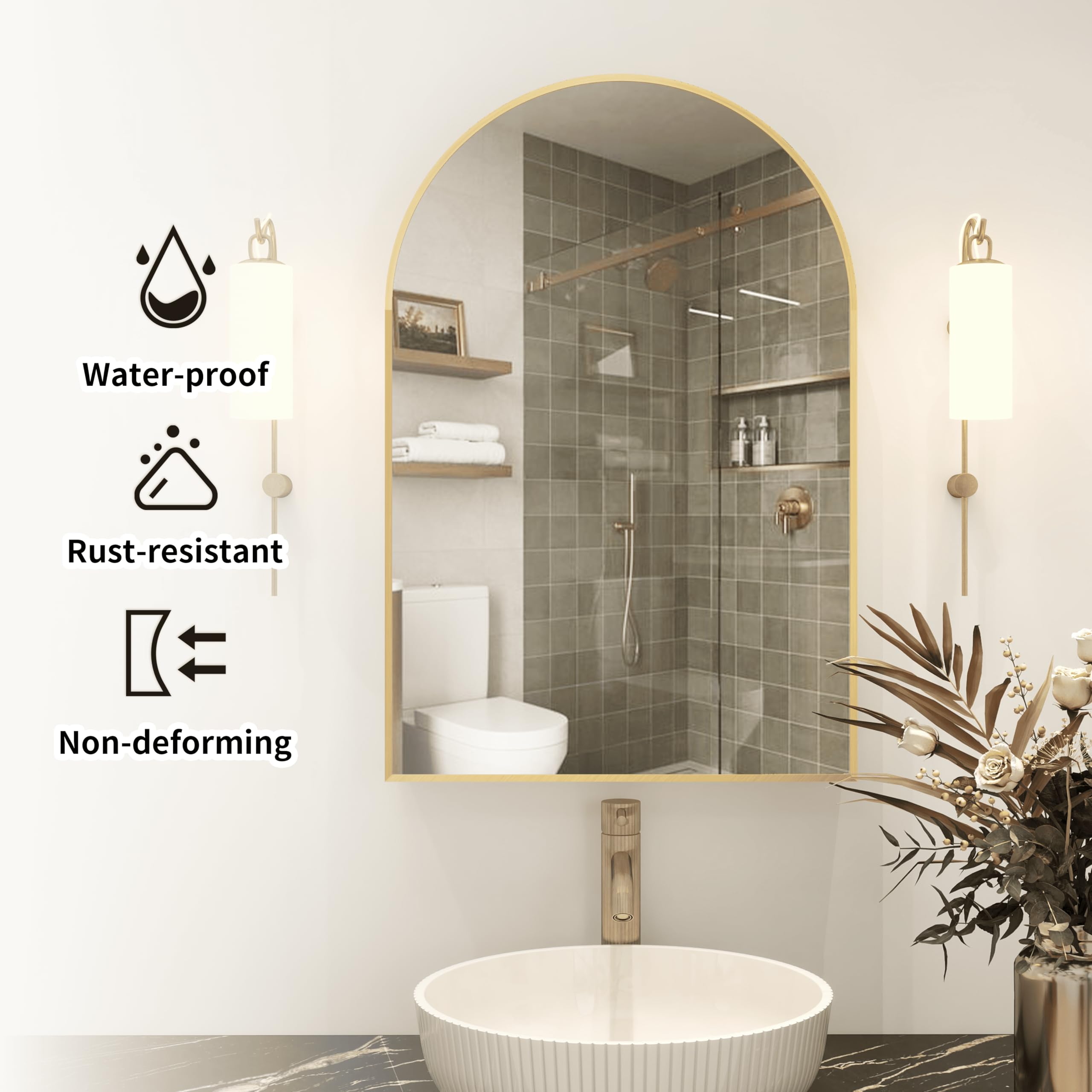 Black Medicine Cabinet with Mirror, Bathroom Arched Medicine Cabinet Wall Mounted, Modern Vanity Mirror with Storage, Mirrored Cabinet with Adjustable Shelves, Not Recessed, 24x36 Inch