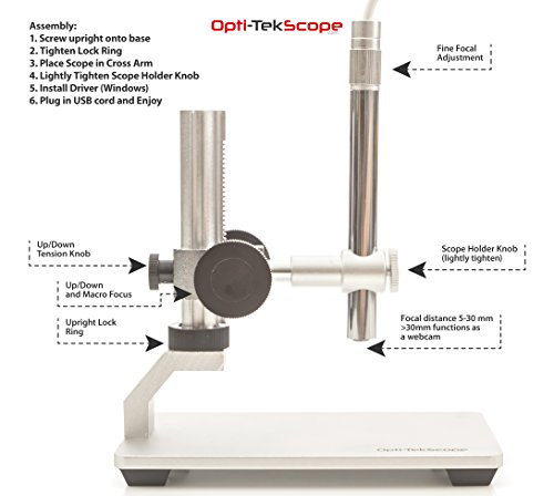 Opti-Tekscope Digital USB Microscope Camera- Advanced CMOS Sensor, True High Definition Macro 200x Zoom Imaging β1600 x 1200, Video, Superior Industrial Quality Base, 8 LED, Windows Mac Linux