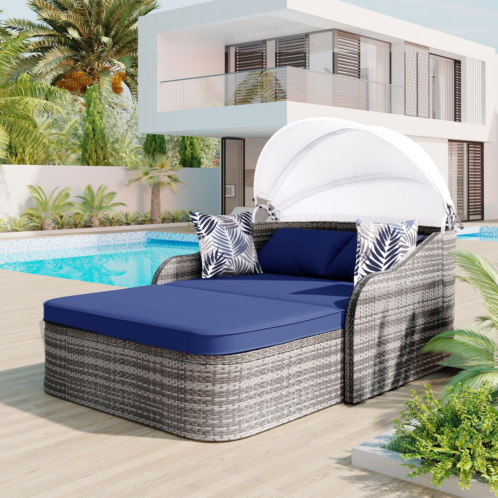 Bellemave Outdoor Patio Sunbed Daybed with Adjustable Canopy,PE Wicker Rattan Daybed Double Chaise Lounger with Cushions and Pillows for Garden, Backyard(Blue)