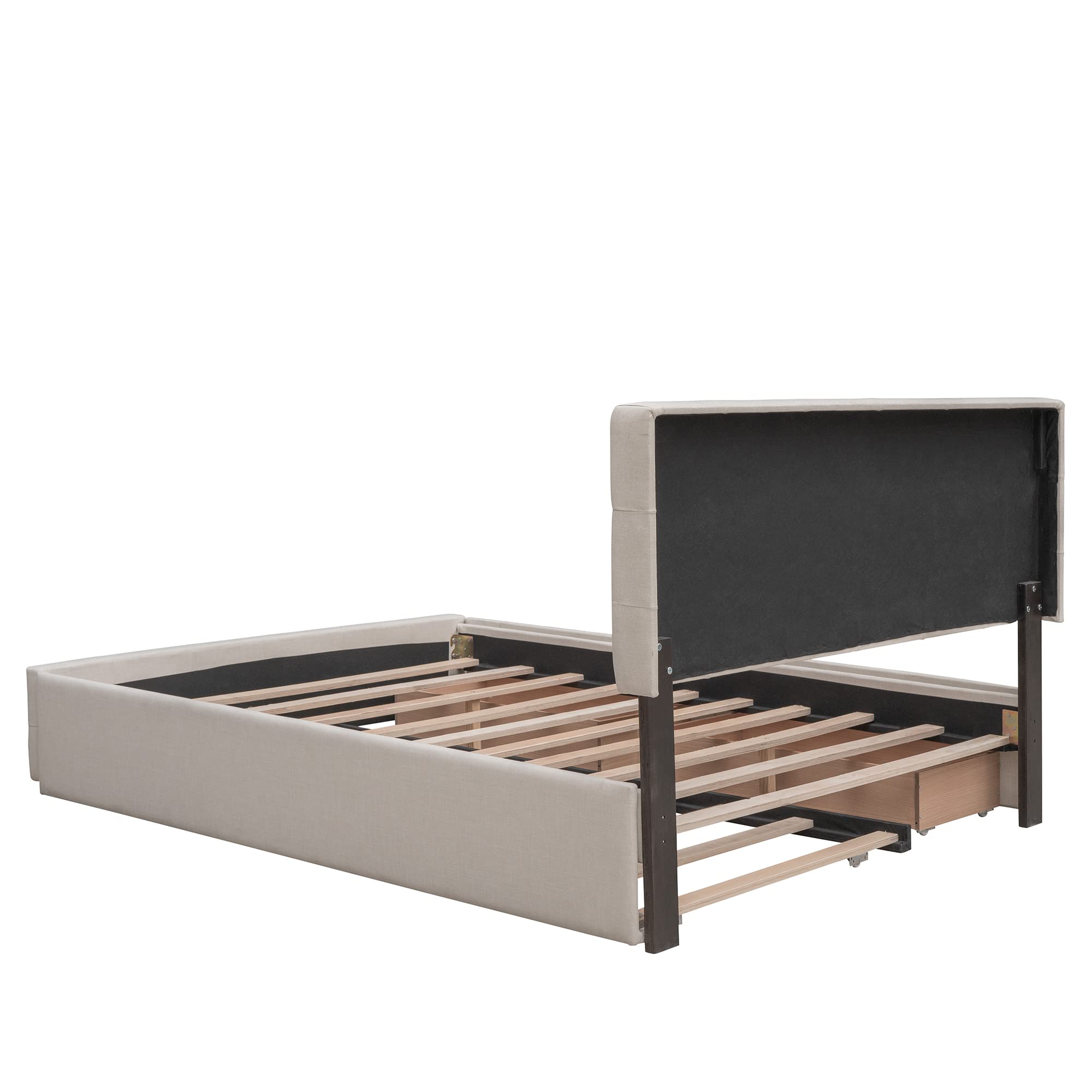 Bellemave Queen Size Platform Bed, Queen Linen Fabric Upholstered Platform Bed Frame with 2 Storage Drawers & 1 Twin XL Trundle for Kids/Teen/Adults, Easy Assembly (Beige)