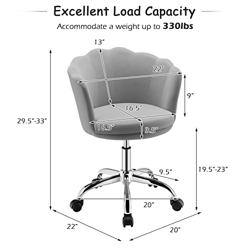 Giantex Kids Desk Chair, Comfy Home Office Task Chair with Wheels, Upholstered Velvet Seashell Back Vanity Chair, Cute Modern Computer Chair for Girls, Adjustable Swivel Rolling Arm Chair, Grey