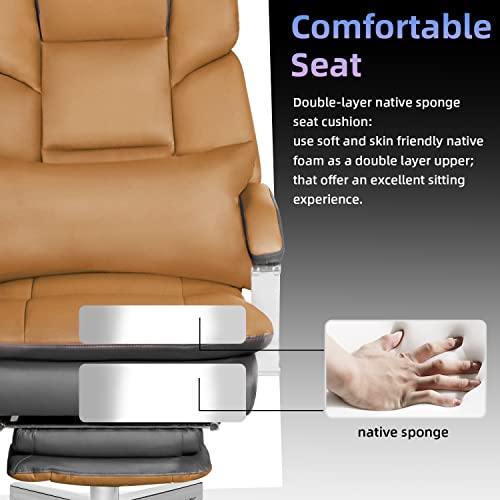 SeekFancy Reclining Office Chair with Footrest O203, Big and Tall Office Chair 500lbs Wide Seat with 170° Backrest, High Back Large Executive Office Chair Lumbar Support,Brown Leather Managerial Chair