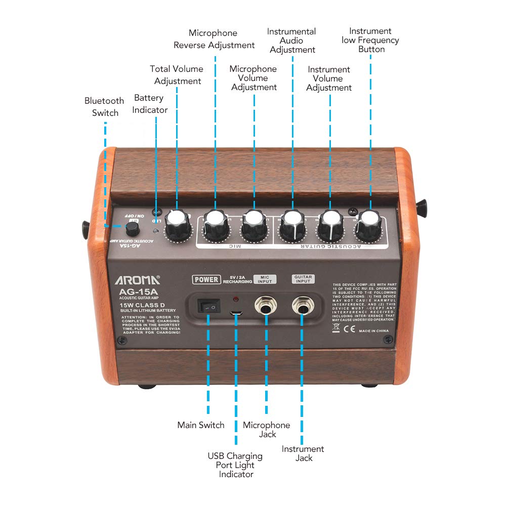 Aroma Guitar Amplifier, 15 Watt Portable Electric Guitar Amp 5 inch Speaker Bluetooth Acoustic Rechargeable Guitar Amplifier