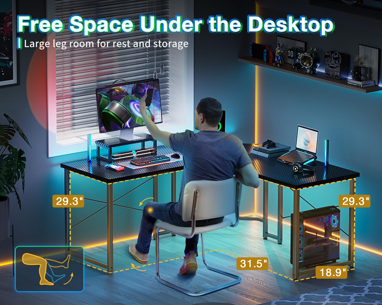 AODK L Shaped Gaming Desk, Computer Corner Desk, PC Gaming Desk Table with Large Monitor Riser Stand for Home Office Sturdy Writing Workstation,51 * 19 inch,Black