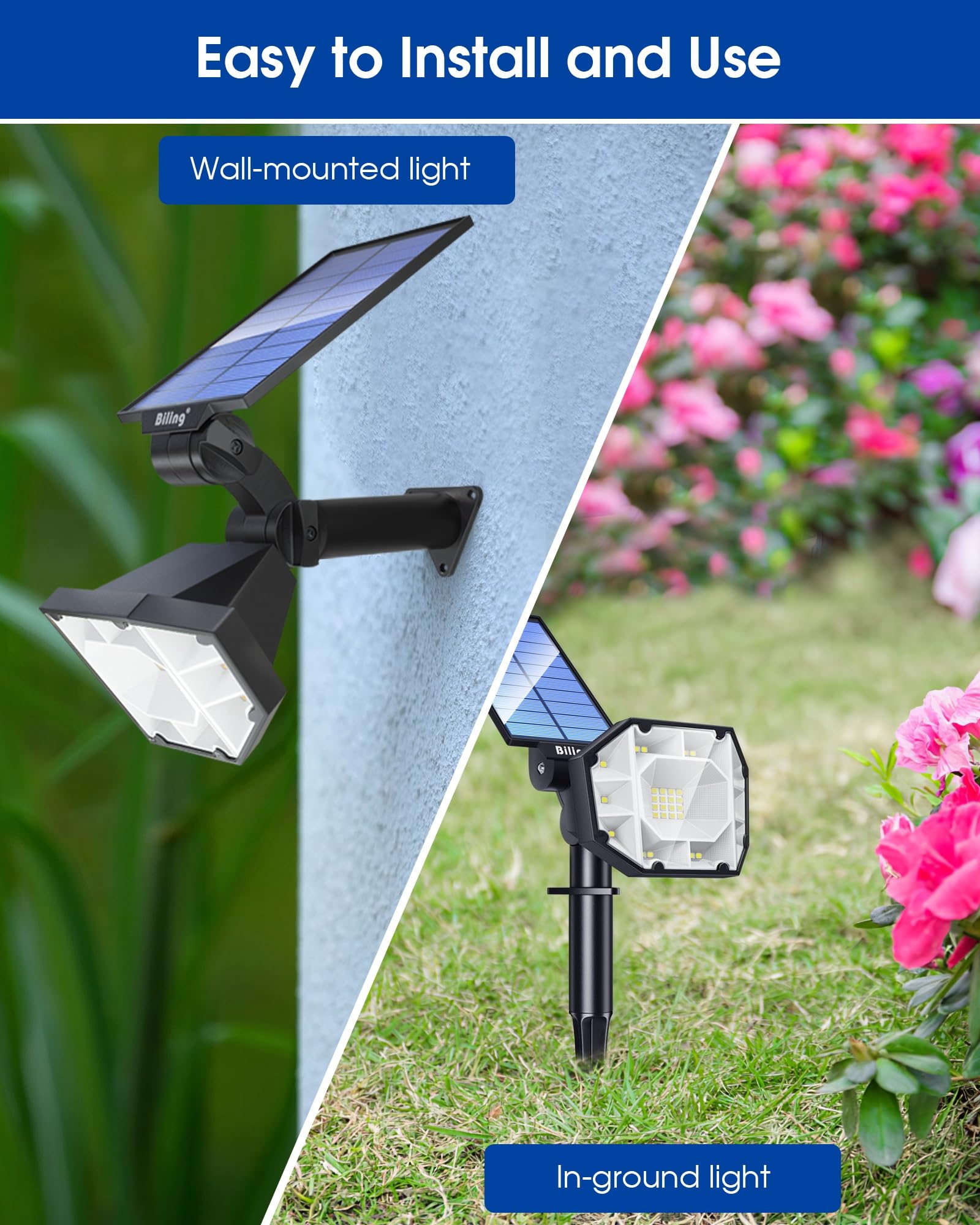 Biling 30 LEDs Solar Spot Lights Outdoor, Adjustable Solar Lights for Outside, IP67 Waterproof Solar Outdoor Lights for Garden Yard House Tree 4 Pack Warm White