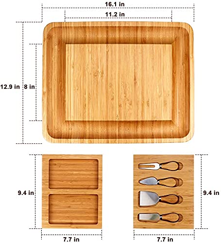 Bamboo Cheese Board with Cheese Tools, Cheese Plate Charcuterie Board Platter Set Serving Tray for Wine Cracker Brie and Meat, Large Thick Wooden Server, Fancy House Warming Gift for Gourmets