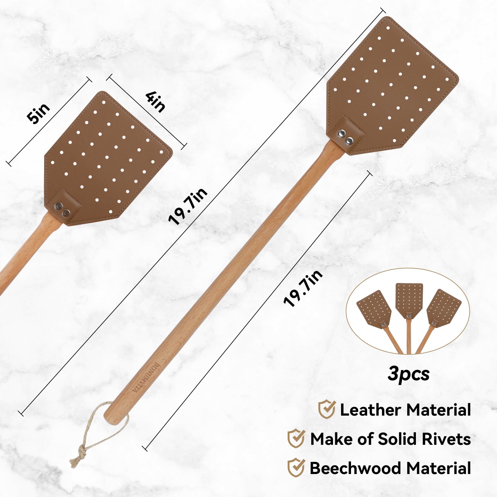 Fly Swatter Heavy Duty for Indoors Outdoor,Handle(19.7") and Hanging Rope, Durable Leather Fly Swatter for Flies Bees Mosquitoes Catch Works(3-Pack, Brown)