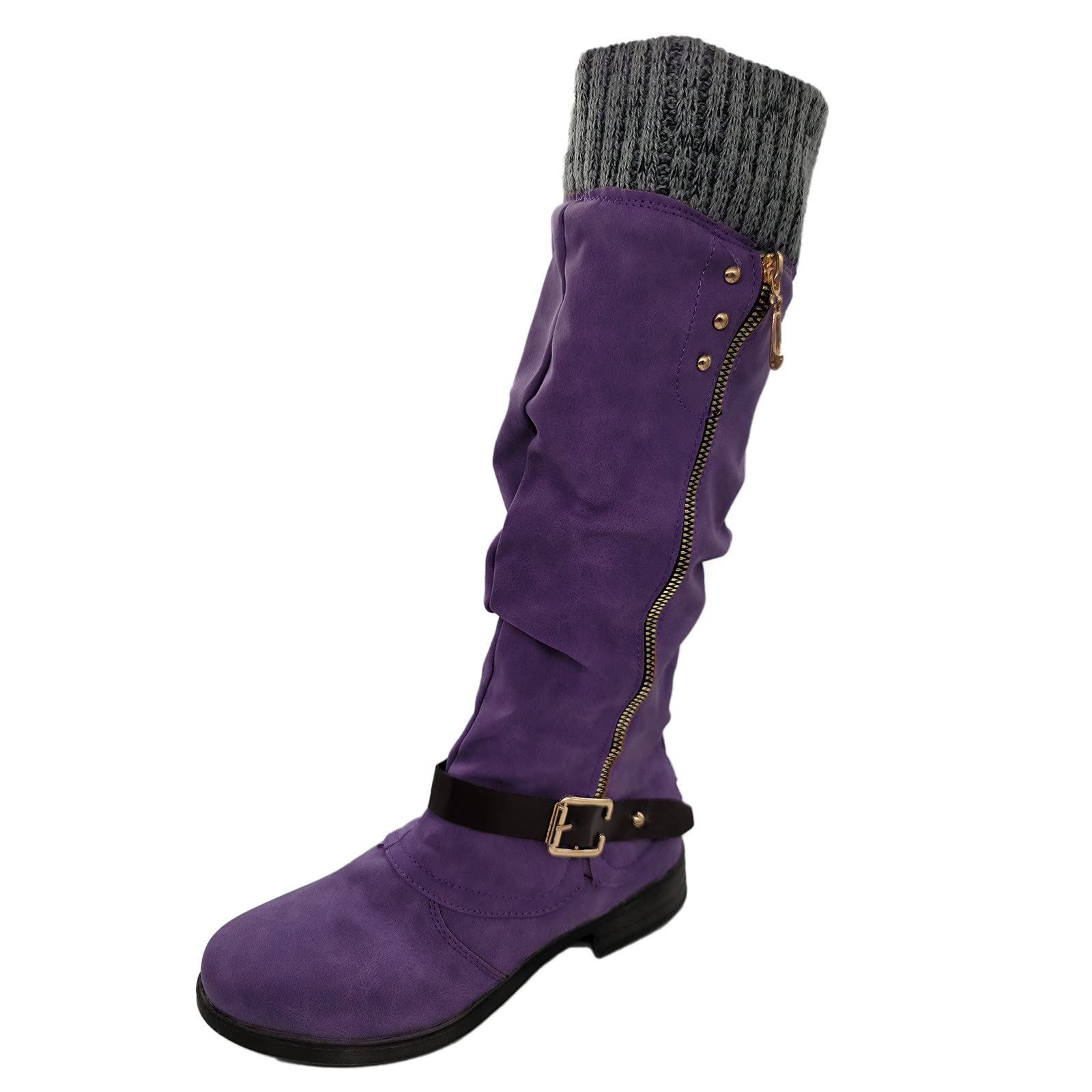 AODONG Cowboy Boots for Women Square Toe Women Knee High Platform Boots Retro Ankle Boots Winter Short Boots Purple