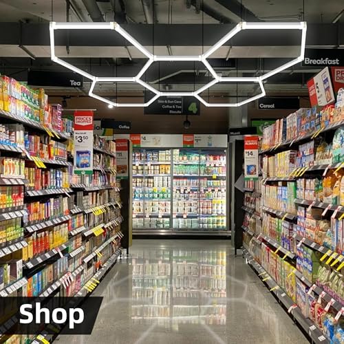 Brivulgent Larger Hexagon Led Lights for Garage Plug in 14 Grid Car Detailing 14 Hex Kit W Border Ceiling Hanging Barber Shop Electric Honeycomb Lighting (25 Pack Kit (8β x 5.5β))