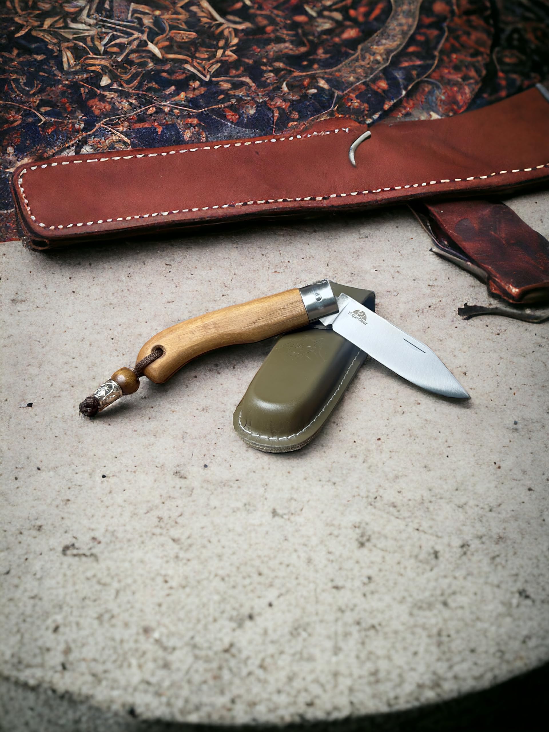Yutpa Gear Hand Forged Knives Folding Pocket Knife 3.54" Stainless Steel Blade Plain Edge and Handmade Wood Handle with Leather Sheath - Rauros Survival EDC