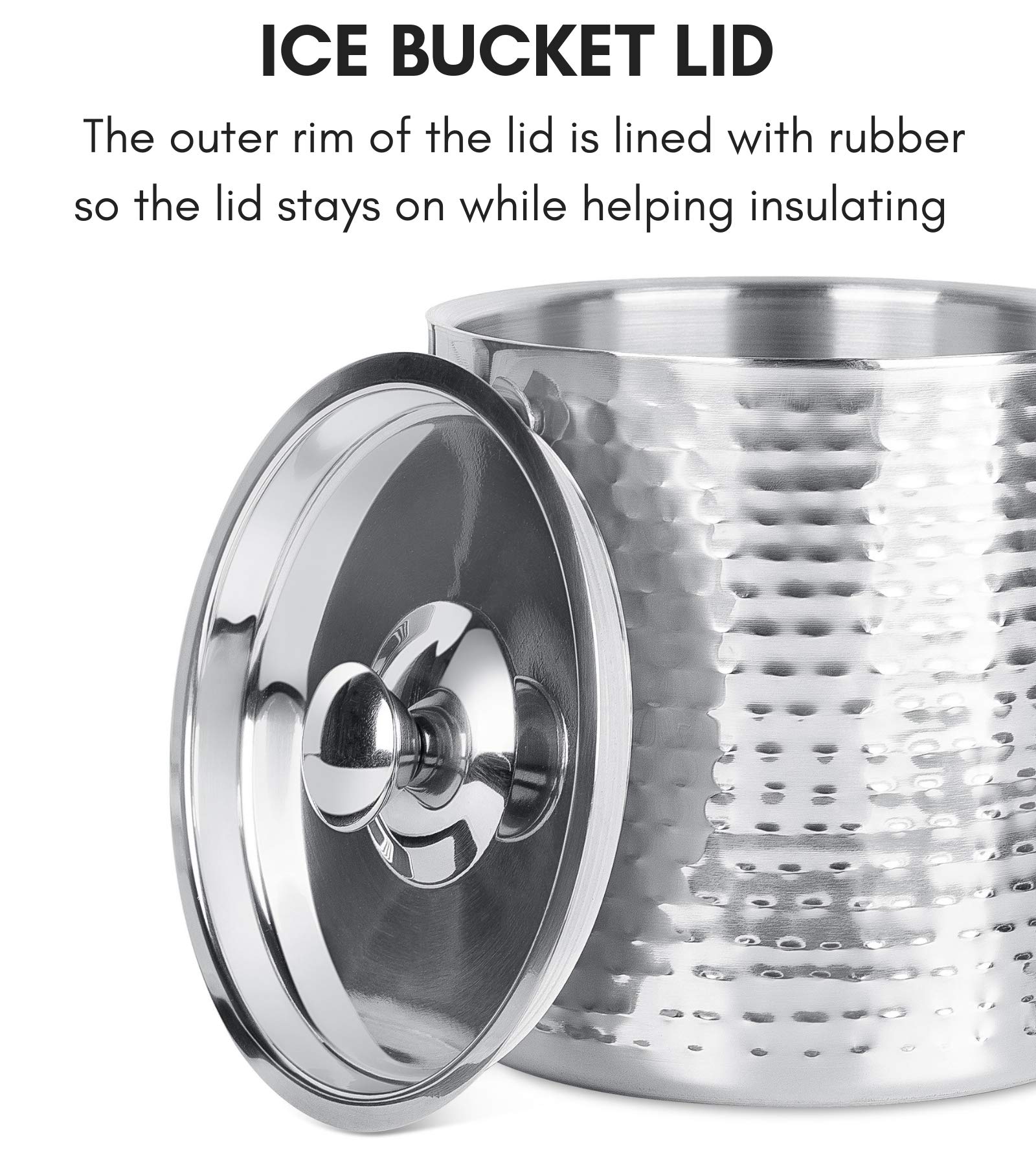 BirdRock Home Ice Bucket with Scoop & Lid - 2.8 Liter Hammered 18/8 Stainless Steel Container for Bar - Double Wall Insulated Bucket with Carrying Handle - Great for Parties - (Silver)