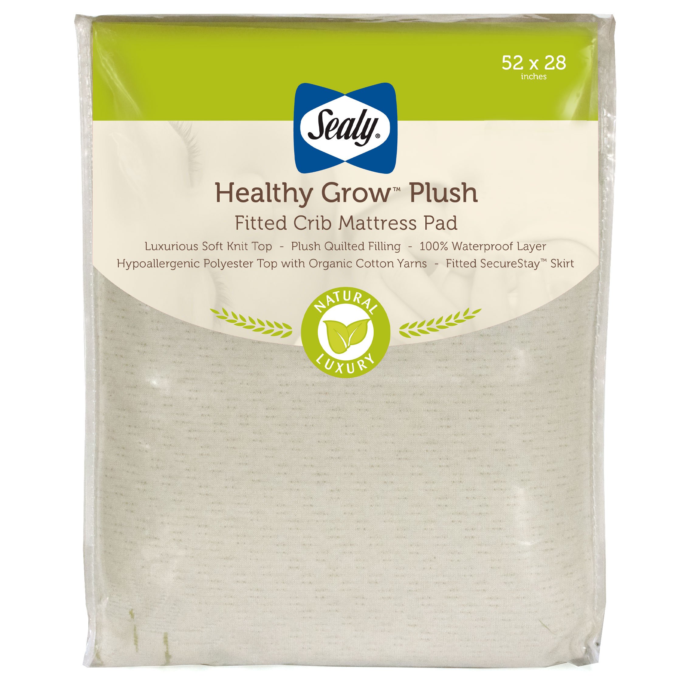 Sealy Baby Healthy Grow Plush Fitted Waterproof Infant Crib Mattress Protector Pad and Toddler Bed Cover, Organic Cotton and PolyBlend Top, Machine Washable and Dryer Friendly, 52â x 28â- White